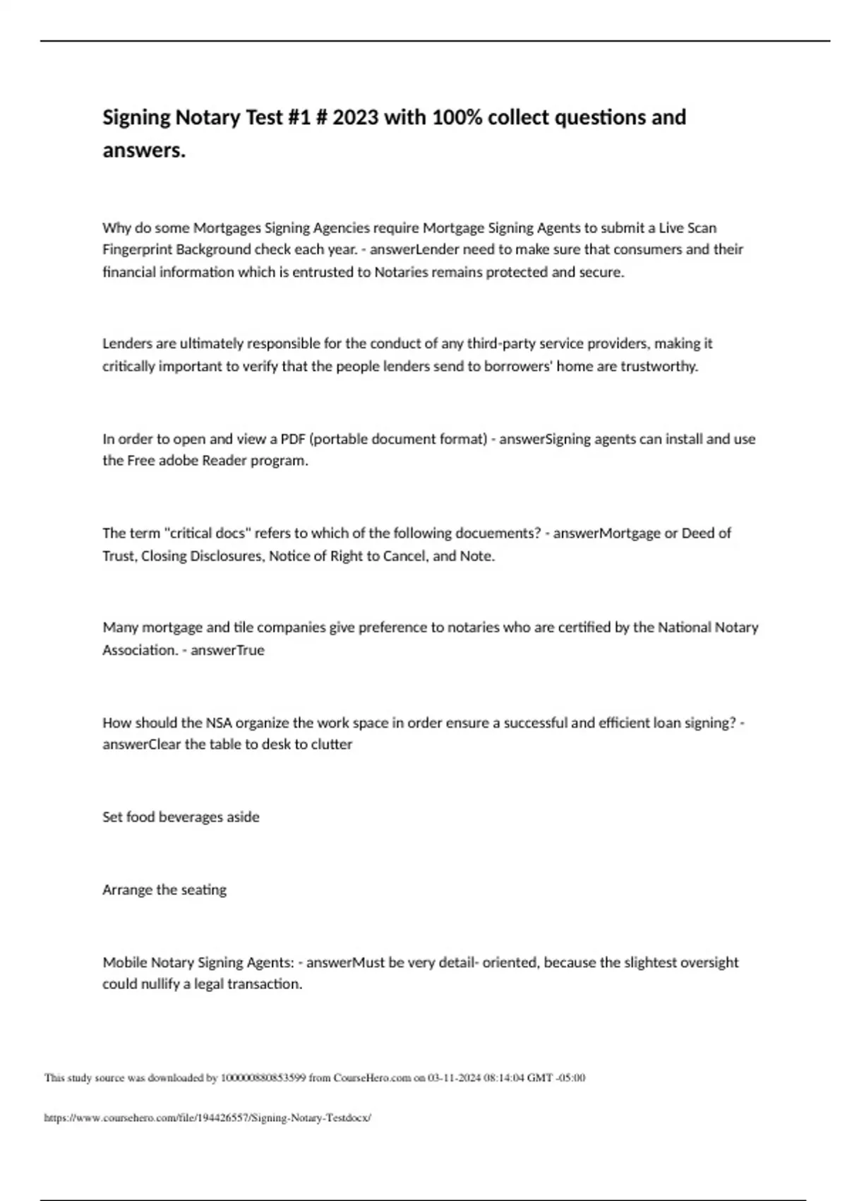 Signing Notary Test #1 # 2024 with 100% collect questions and answers ...