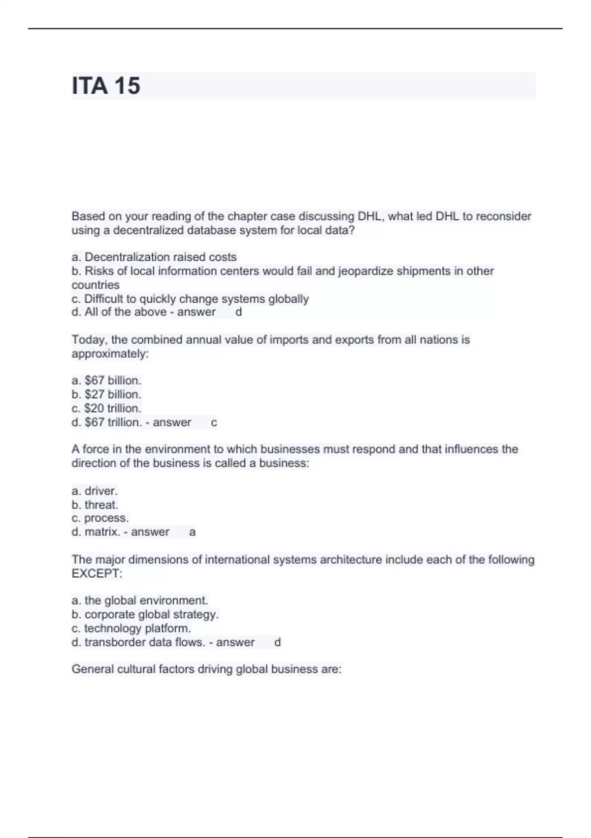 ITA 15 QUESTIONS WITH CORRECT ANSWERS 2024 - DHL - Stuvia US