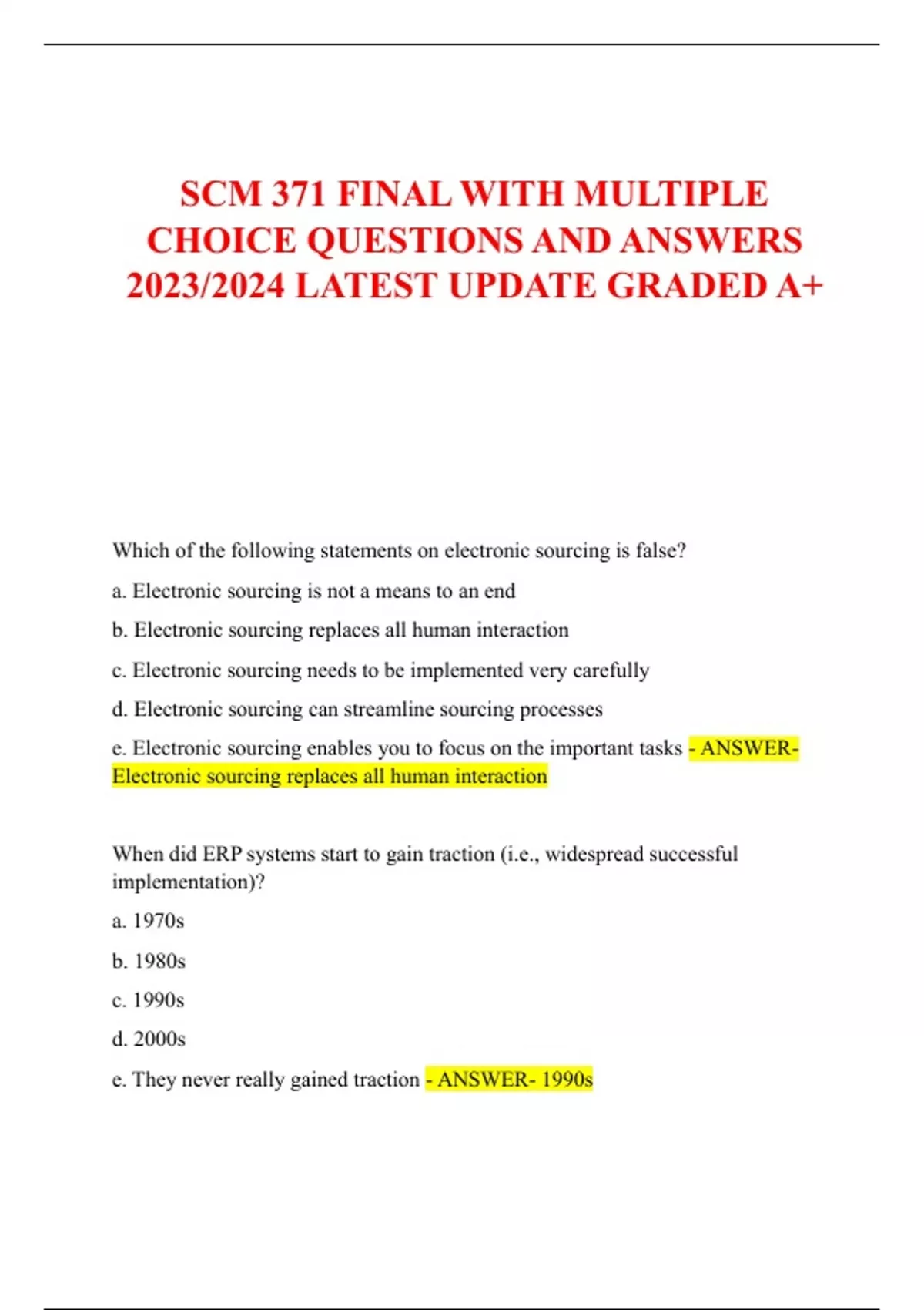 SCM 371 FINAL WITH MULTIPLE CHOICE QUESTIONS AND ANSWERS 2023/2024 ...