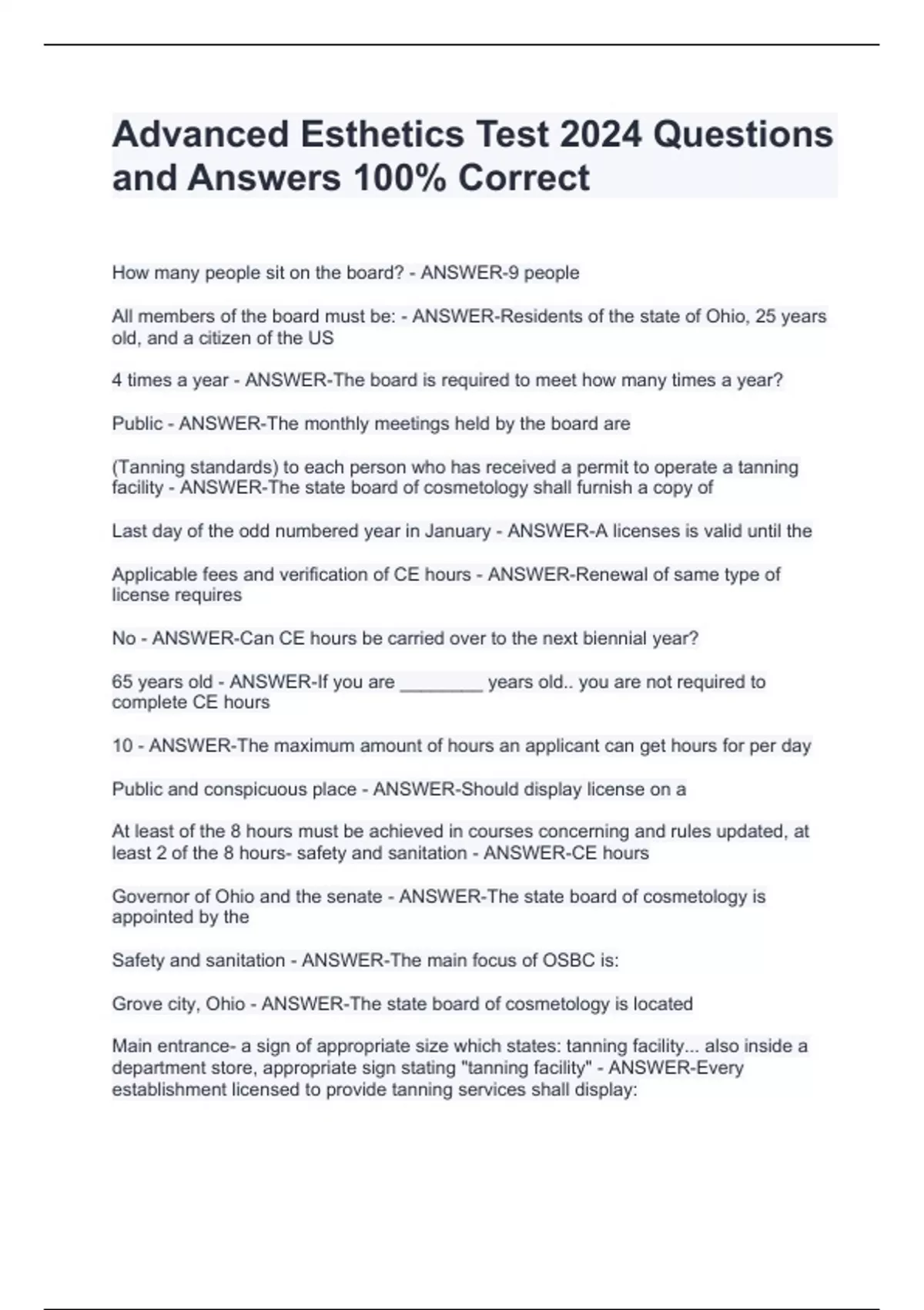 Advanced Esthetics Test 2024 Questions and Answers 100% Correct ...