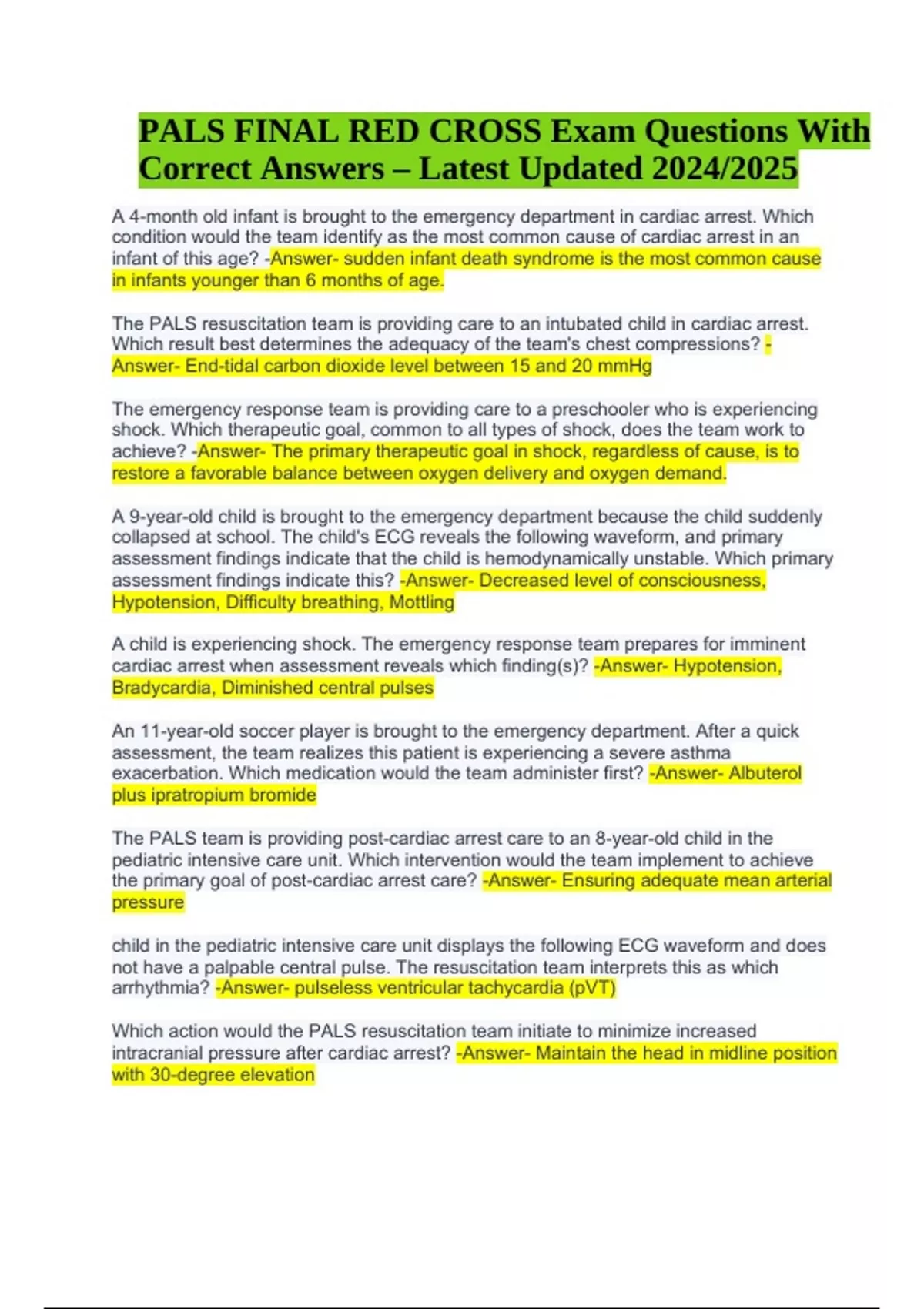 PALS FINAL RED CROSS Exam Questions With Correct Answers Latest Updated ...