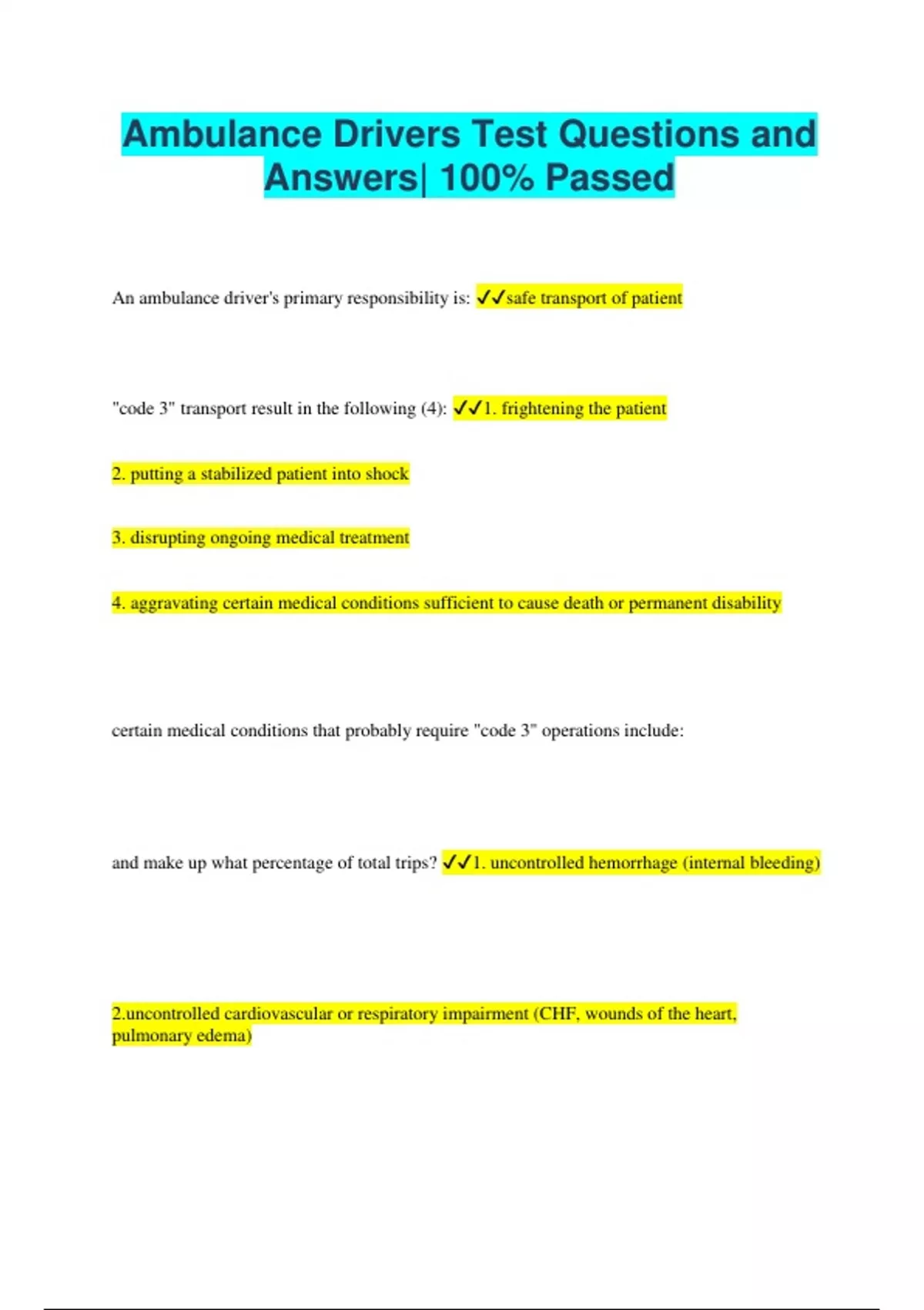 Ambulance Drivers Test Questions and Answers| 100% Passed - Ambulance ...