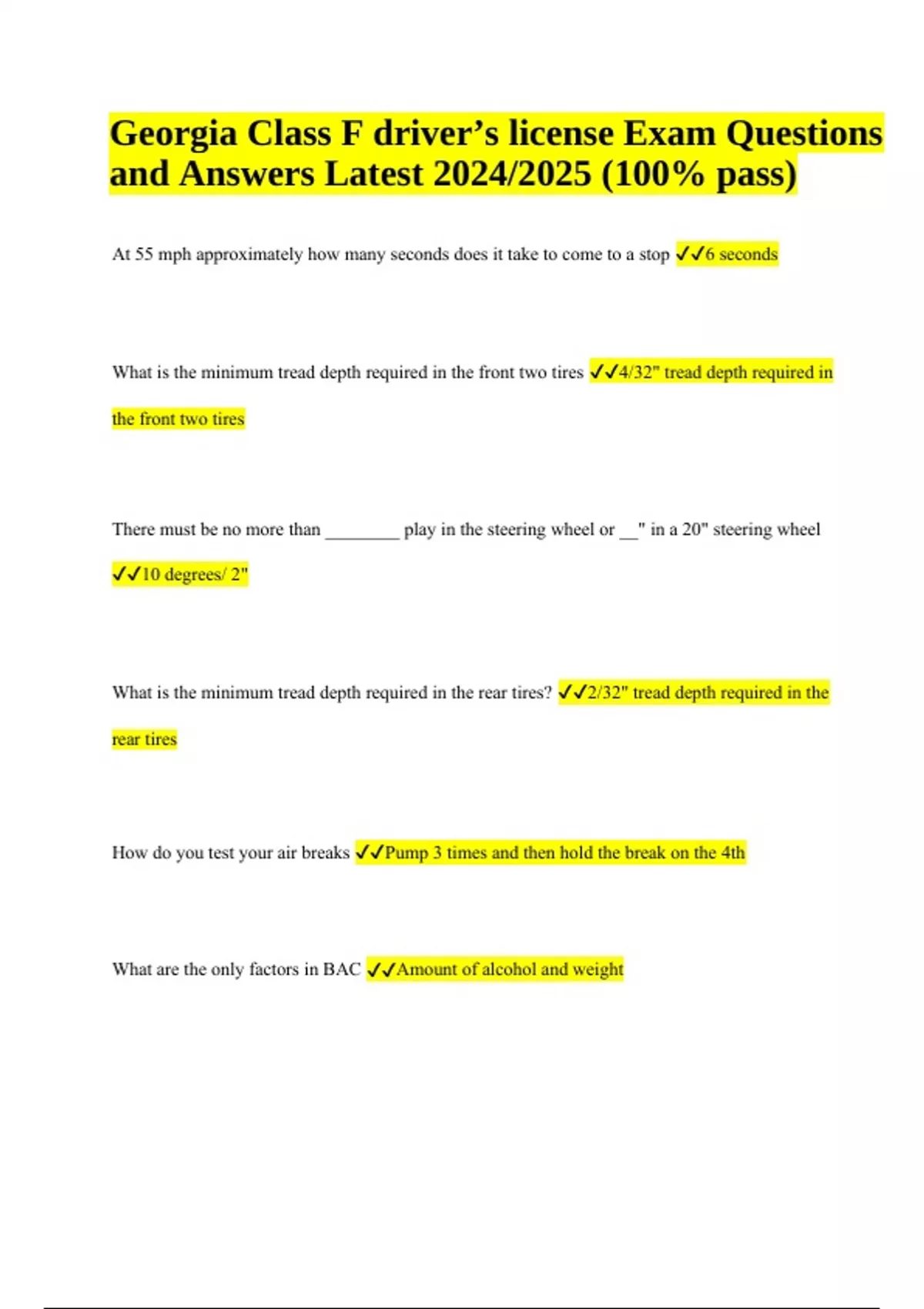 Georgia Class F driver’s license Exam Questions With Answers Updated ...
