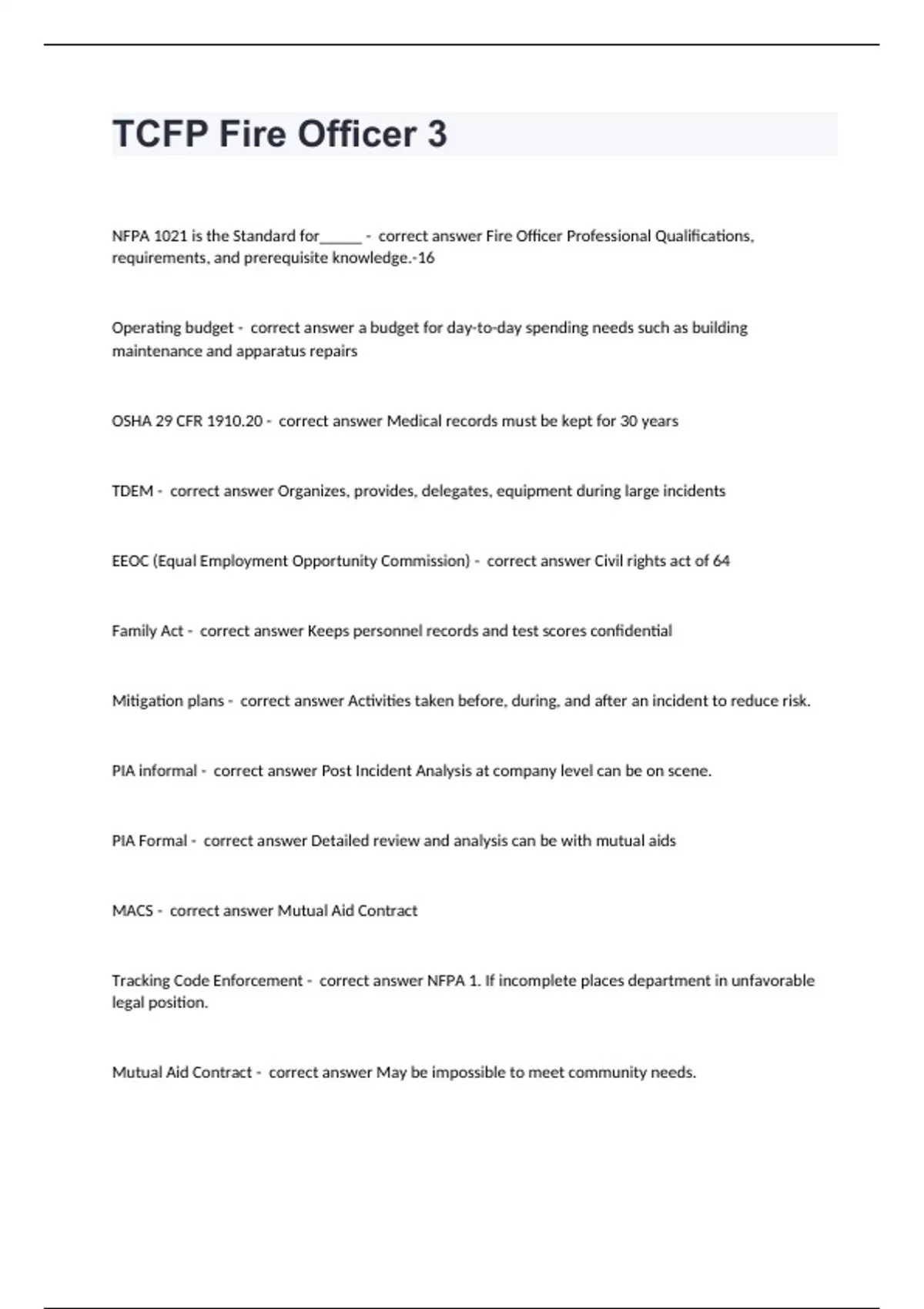 TCFP Fire Officer 3 questions and answers - TCFP AFD - Stuvia US