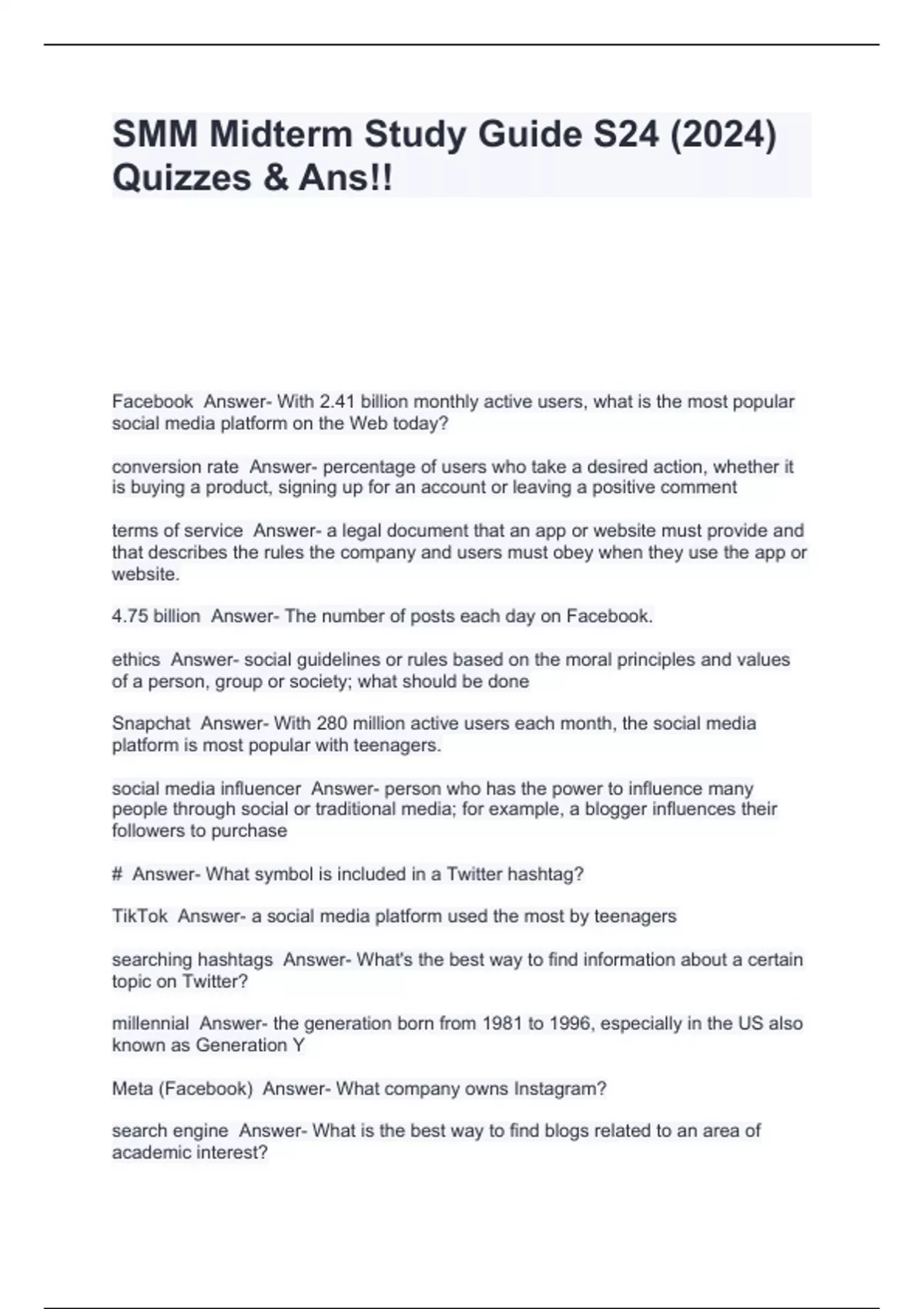 SMM Midterm Study Guide S24 (2024) Quizzes & Ans!! - SMM - Stuvia US