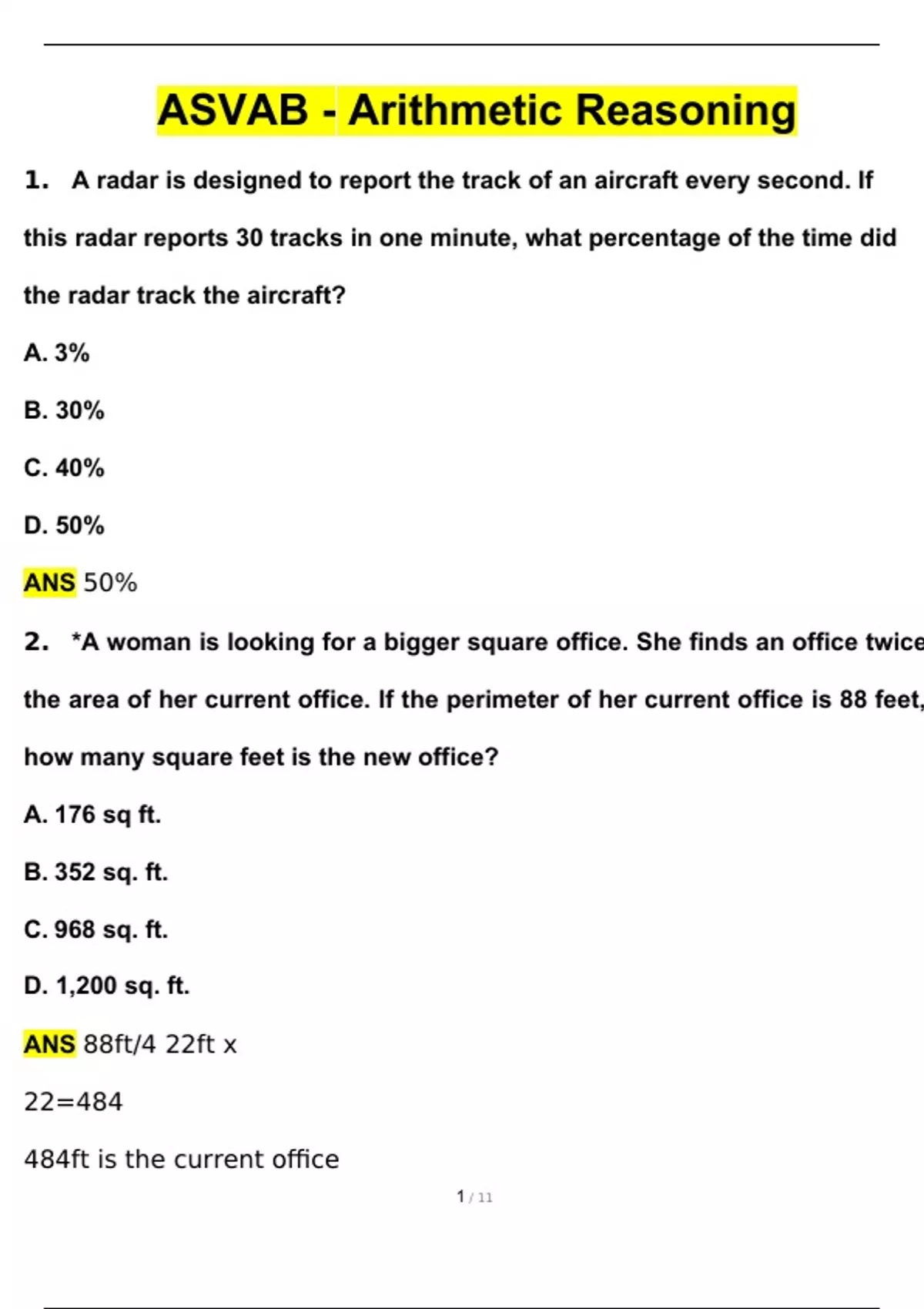ASVAB - Arithmetic Reasoning 100% Correct (Latest 2024 & 2025) Download ...