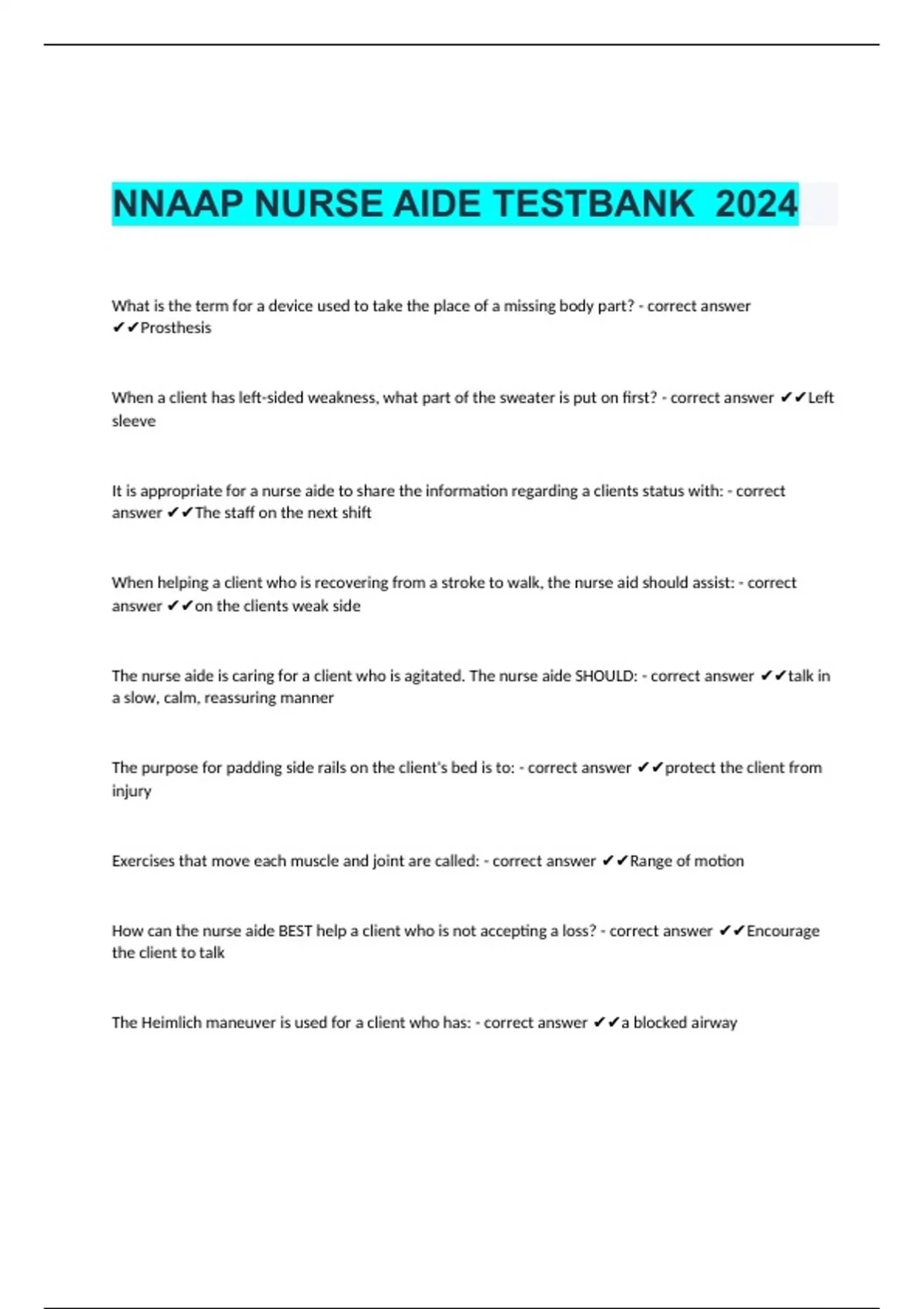 NNAAP NURSE AIDE TESTBANK 2024 - NNAAP NURSE AIDE - Stuvia US