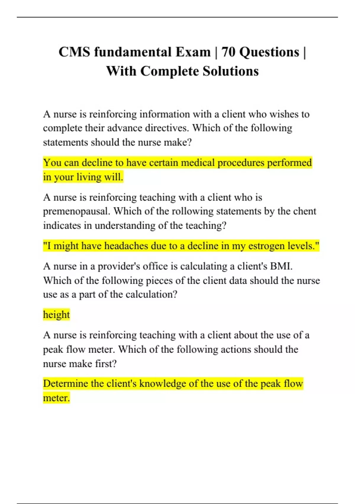 CMS fundamental Exam | 70 Questions | Real Exam| answers| With Complete ...