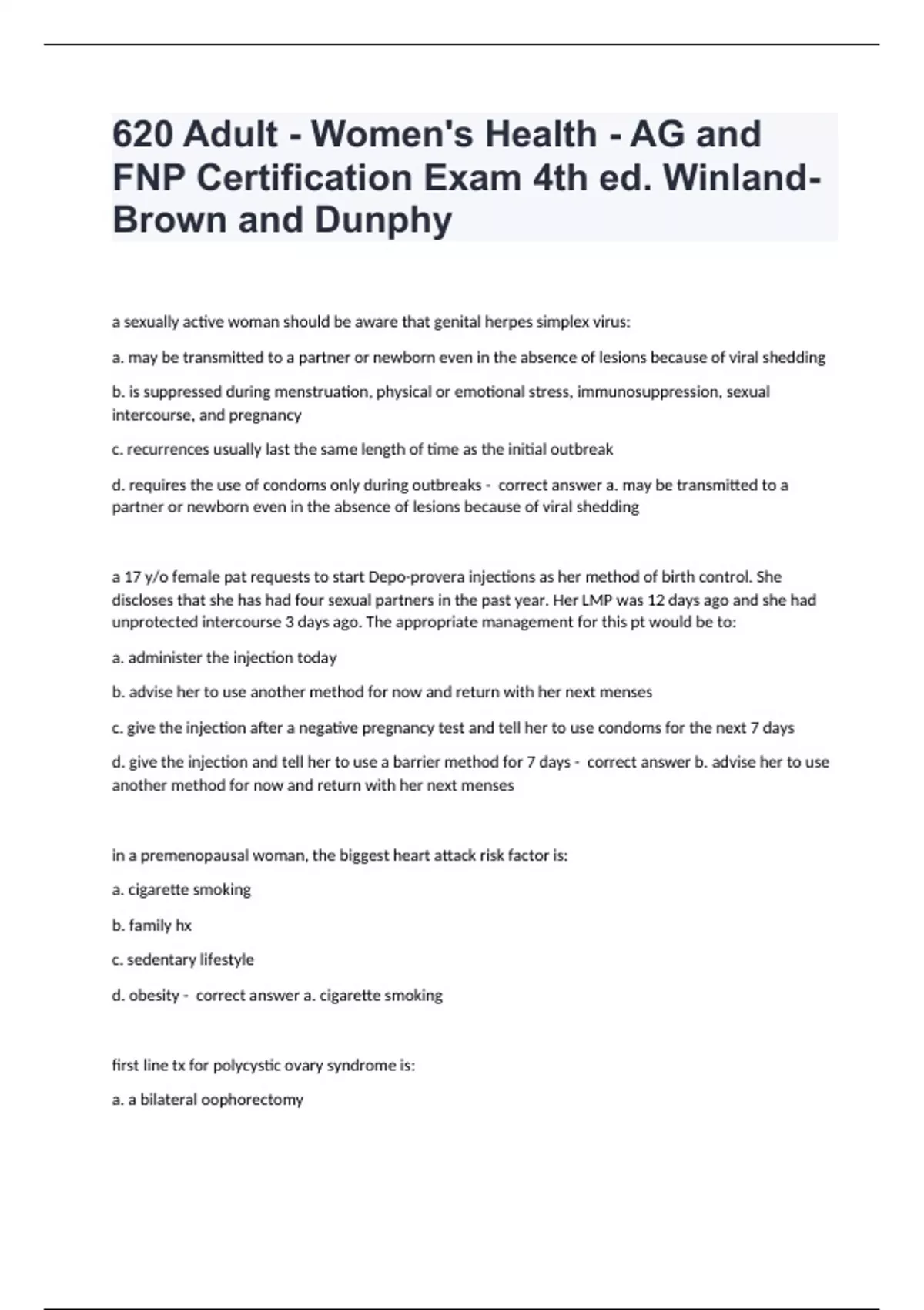 620 Adult - Women's Health - AG and FNP Certification Exam 4th ed ...