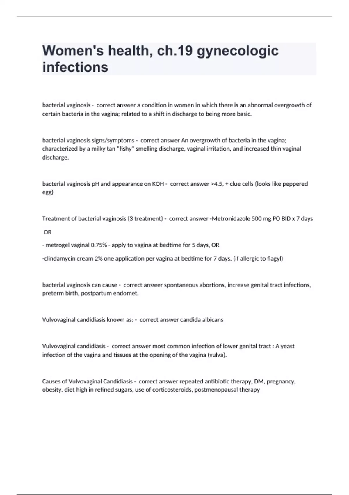 Women's health, ch.19 gynecologic infections well answered - Women\'s ...