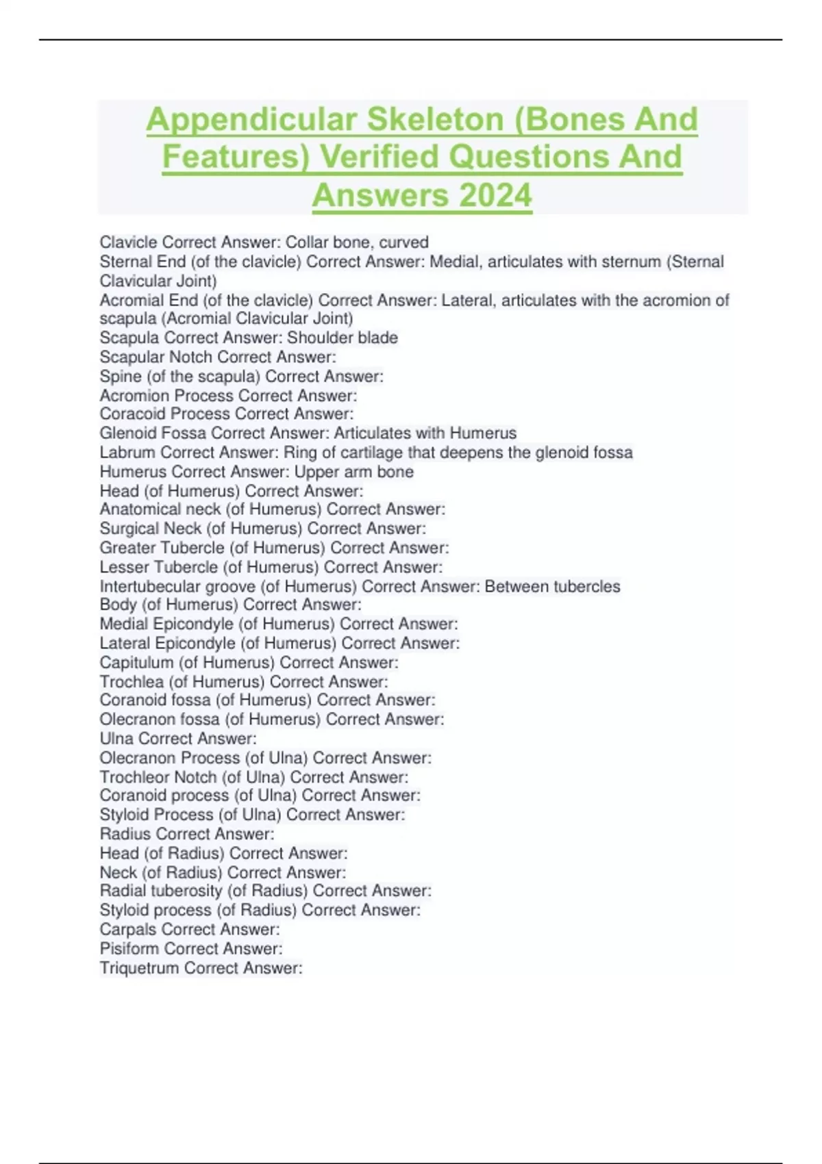 Appendicular Skeleton (Bones And Features) Verified Questions And ...