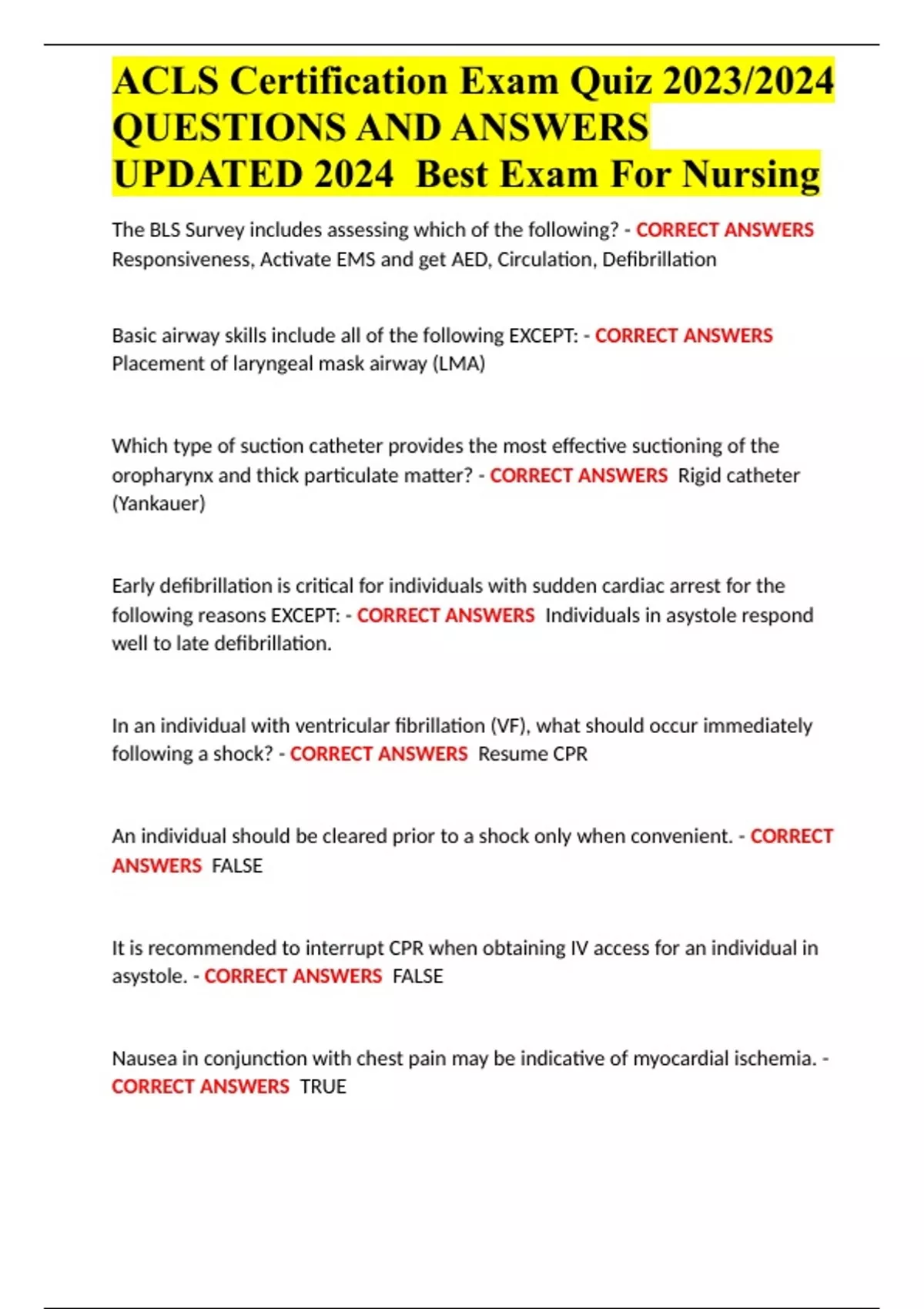 ACLS Certification Exam Quiz 2023/2024 QUESTIONS AND ANSWERS UPDATED ...