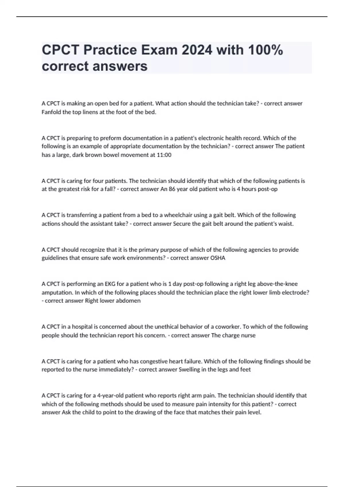 CPCT Practice Exam 2024 with 100% correct answers - CPCT - Stuvia US