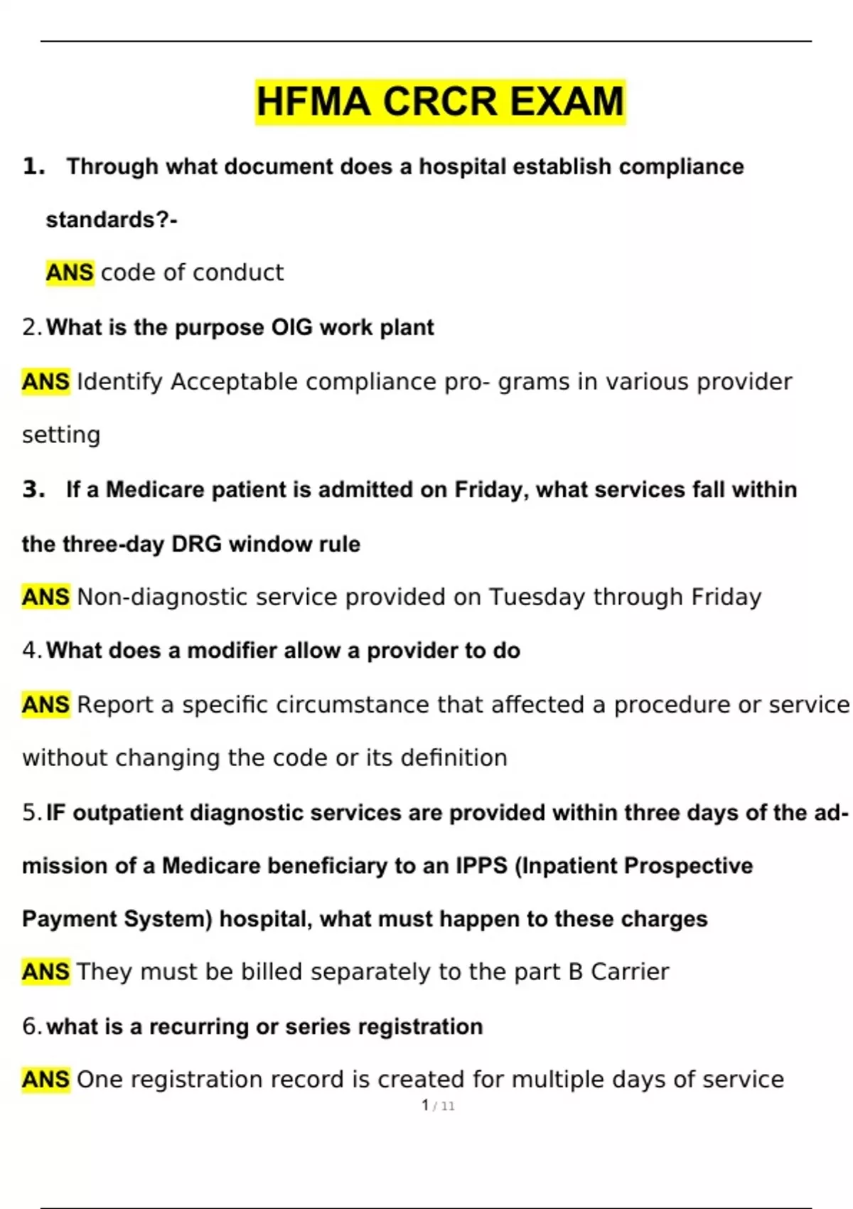 HFMA CRCR Exam 2024 Questions with 100% Correct Answers | Verified ...