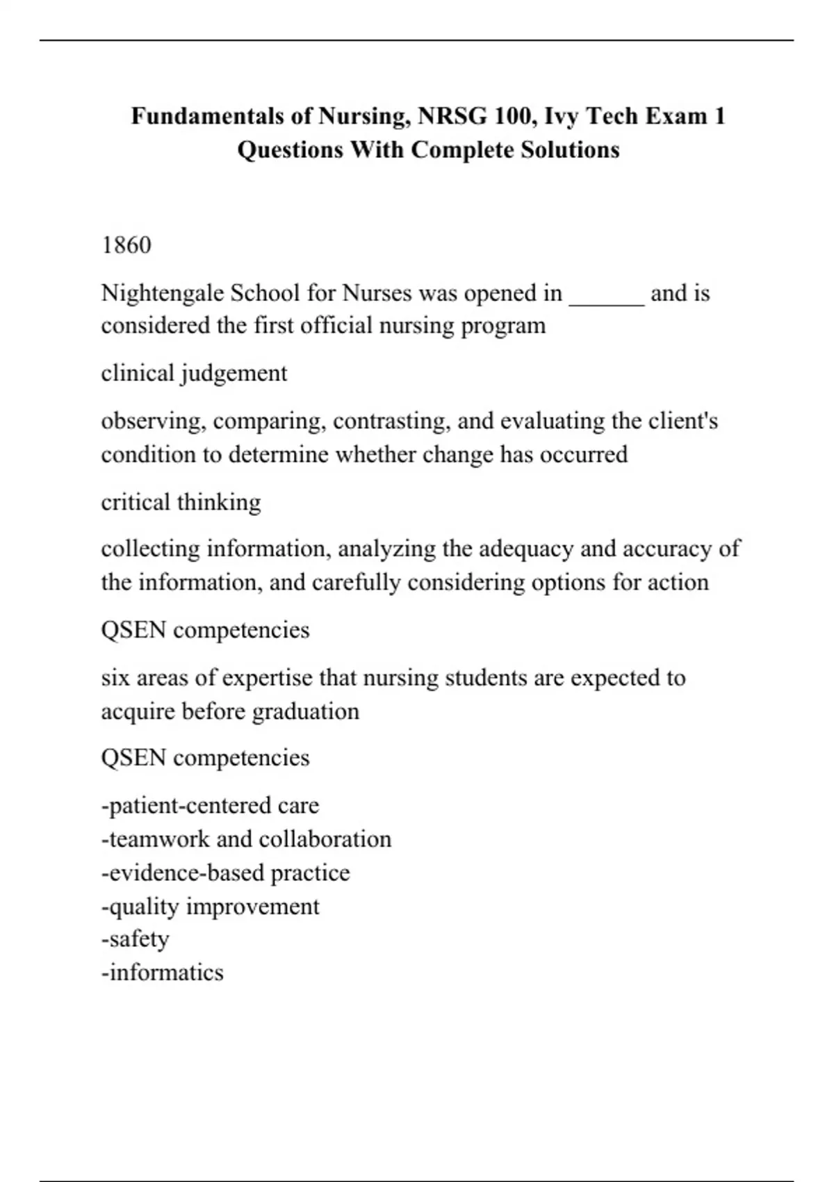 Fundamentals of Nursing, NRSG 100, Ivy Tech Exam 1 Questions With ...