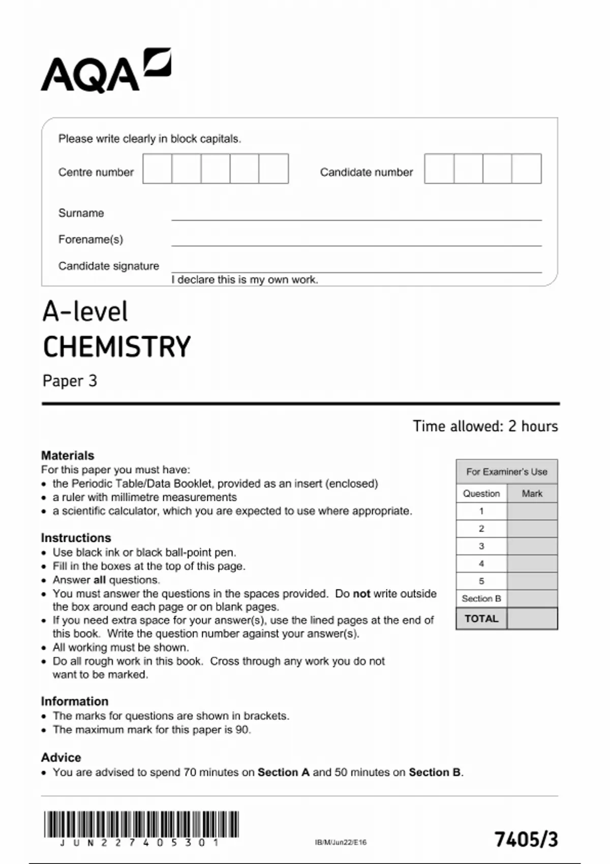 AQA A LEVEL chemistry paper 3 question paper 7405/3 2023 - #AQA A level ...