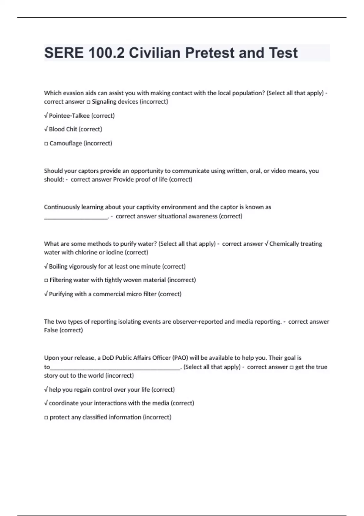 SERE 100.2 Civilian Pretest and Test Question and answers correctly ...