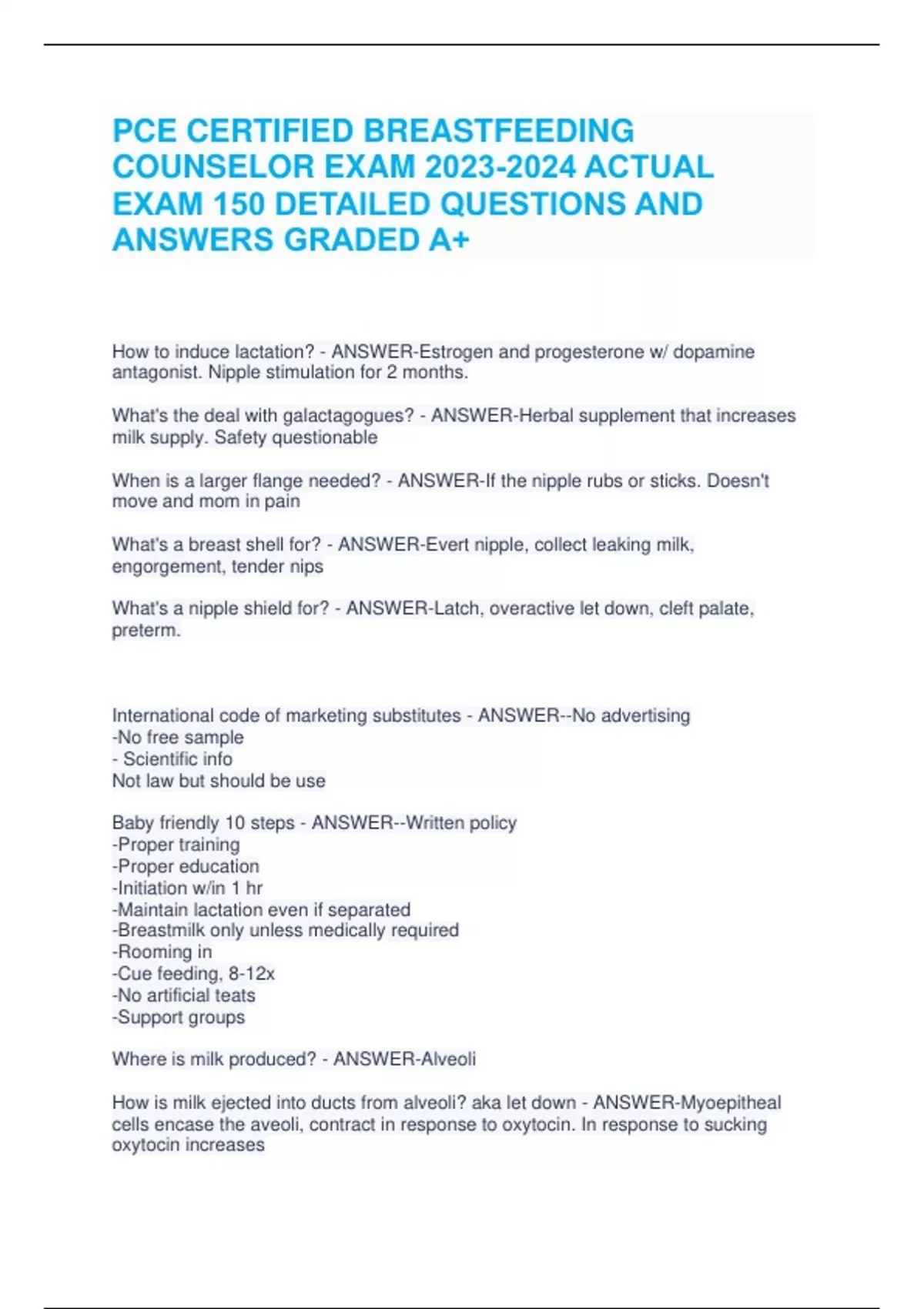 PCE CERTIFIED BREASTFEEDING COUNSELOR EXAM ACTUAL EXAM 150 DETAILED QUESTIONS AND ANSWERS GRADED ...