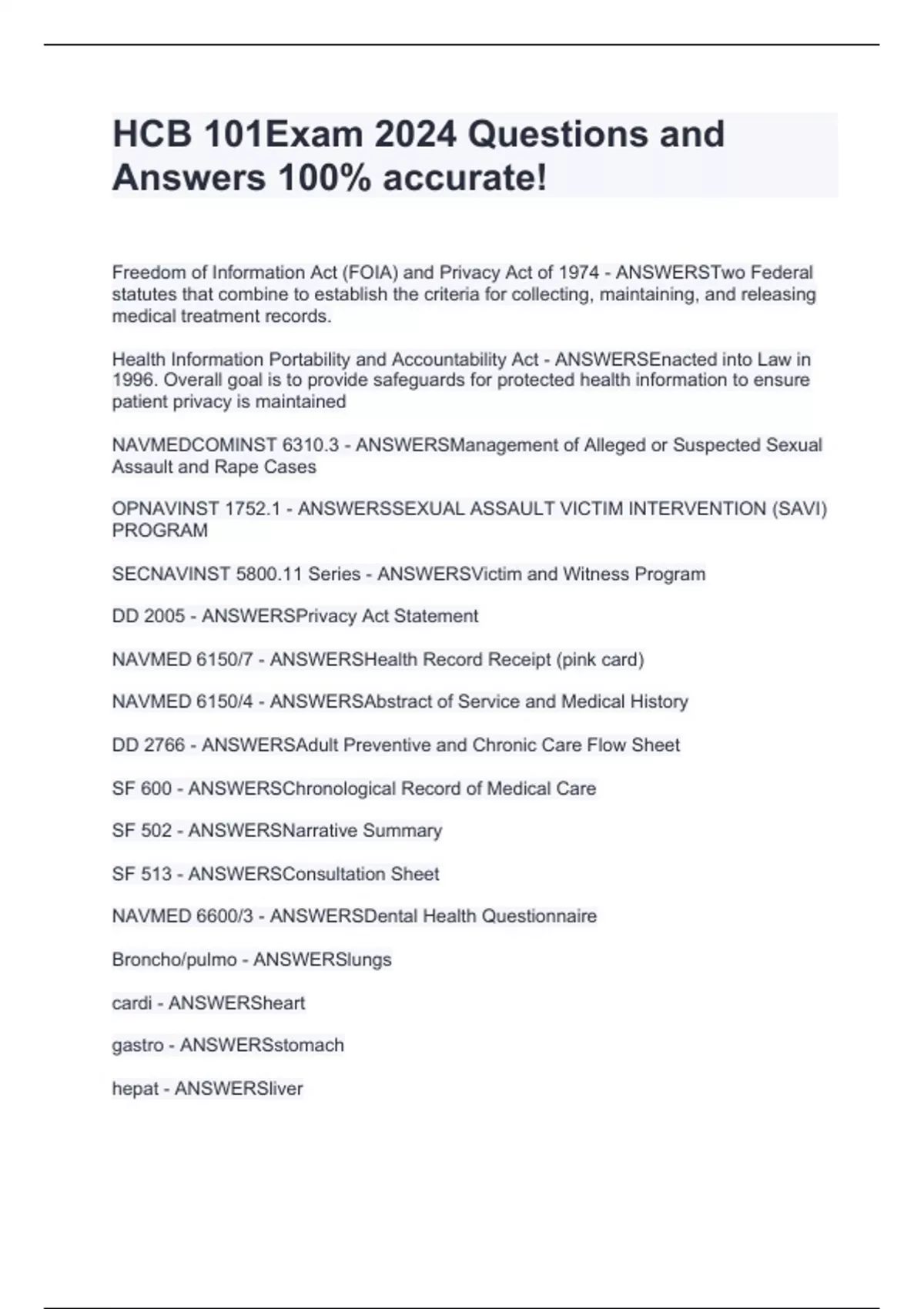 HCB 101Exam 2024 Questions and Answers 100% accurate! - HCB 101 - Stuvia US