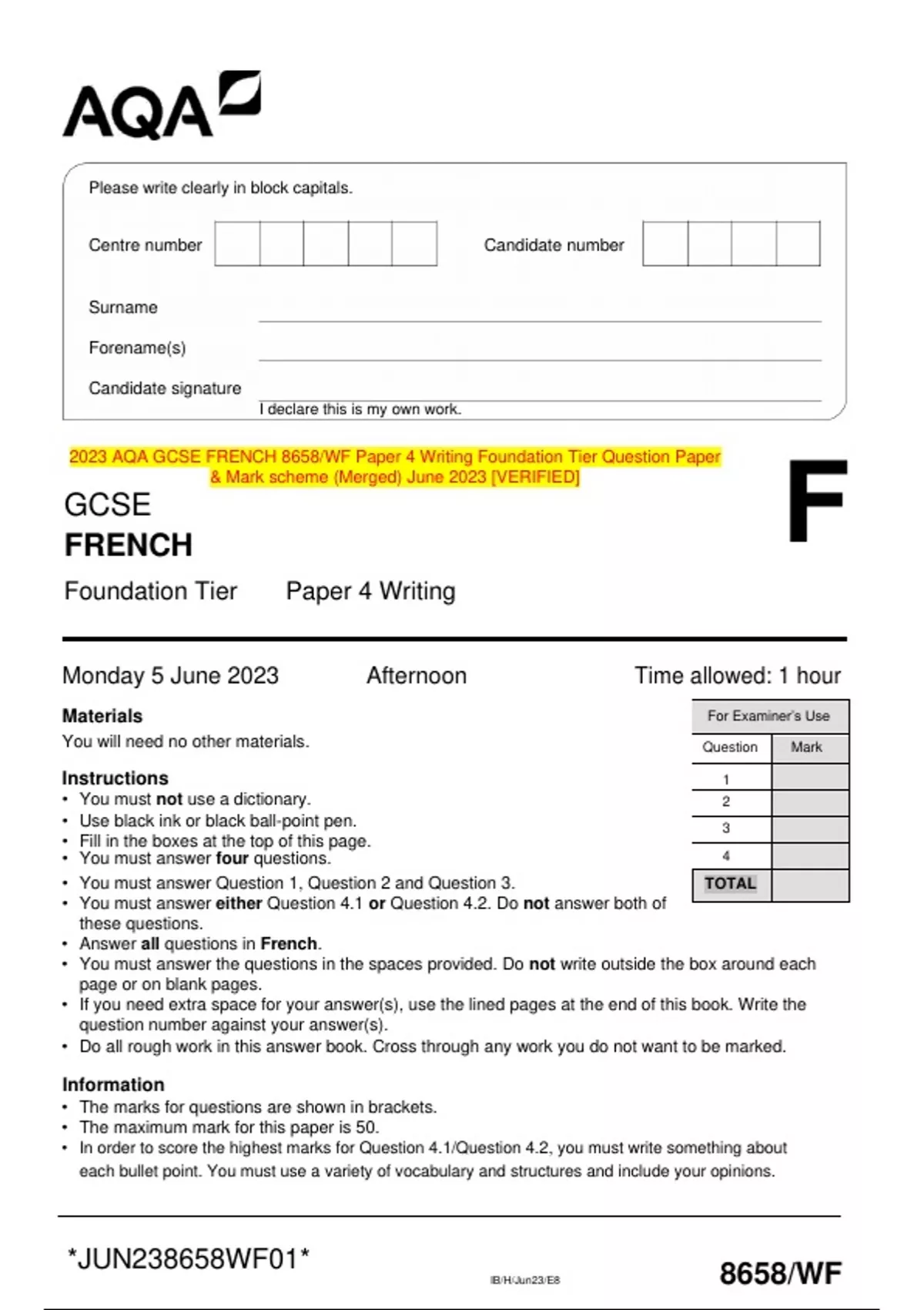 2023 AQA GCSE FRENCH 8658/WF Paper 4 Writing Foundation Tier Question ...