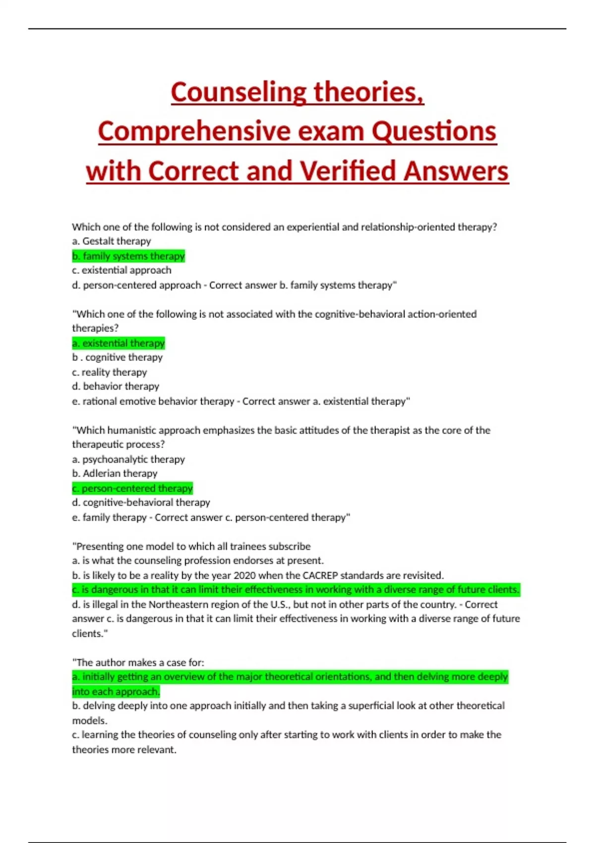 Counseling theories, Comprehensive exam Questions with Correct and ...
