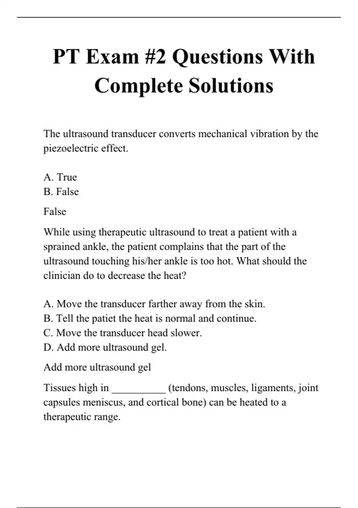 PT Exam #2 Questions With Complete Solutions - PT - Stuvia US