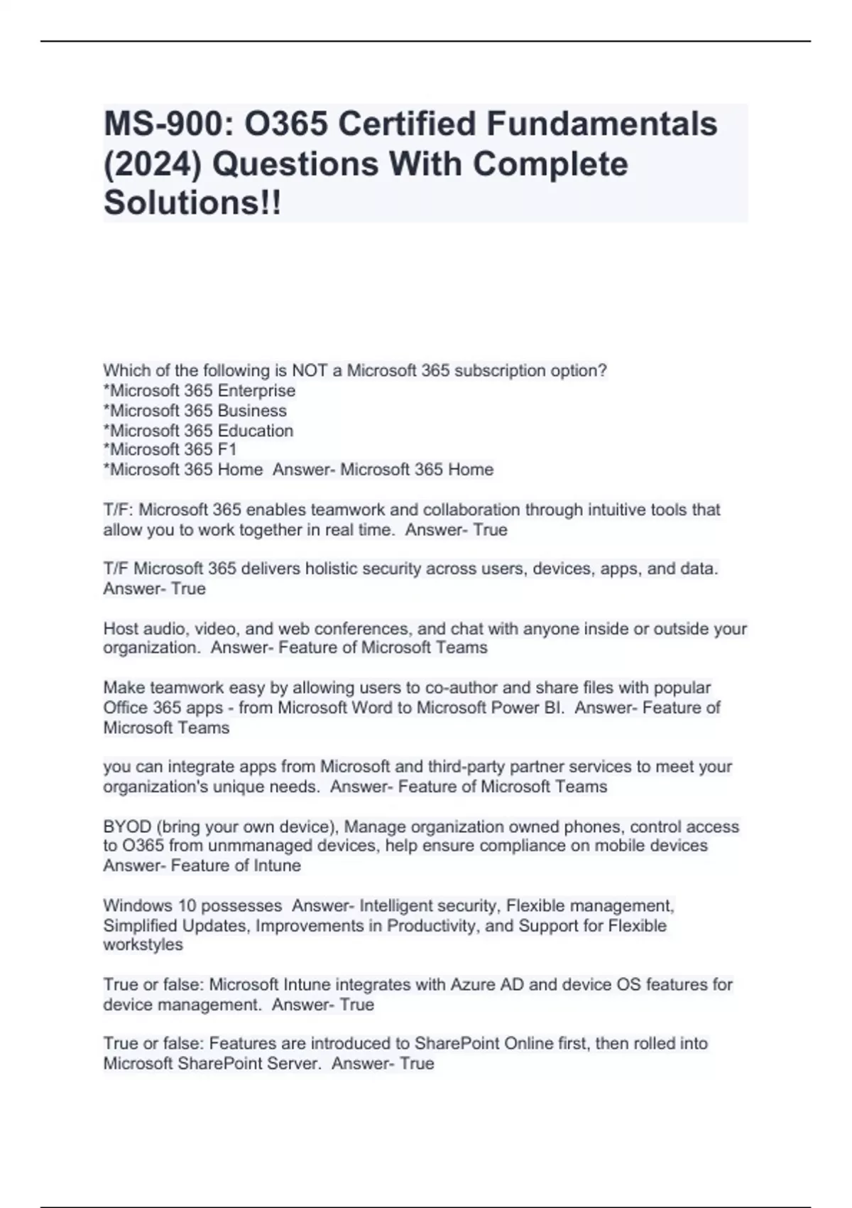 MS-900: O365 Certified Fundamentals (2024) Questions With Complete ...