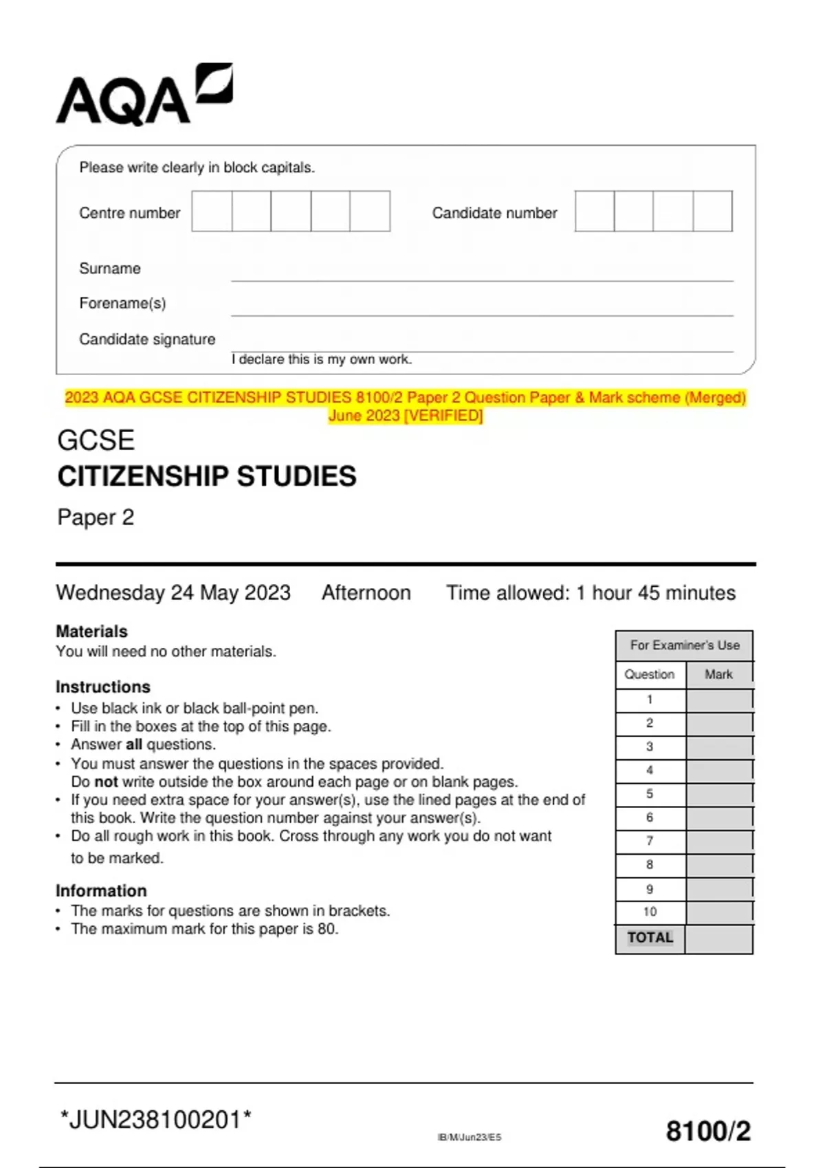 2023 AQA GCSE CITIZENSHIP STUDIES 8100/2 Paper 2 Question Paper & Mark ...