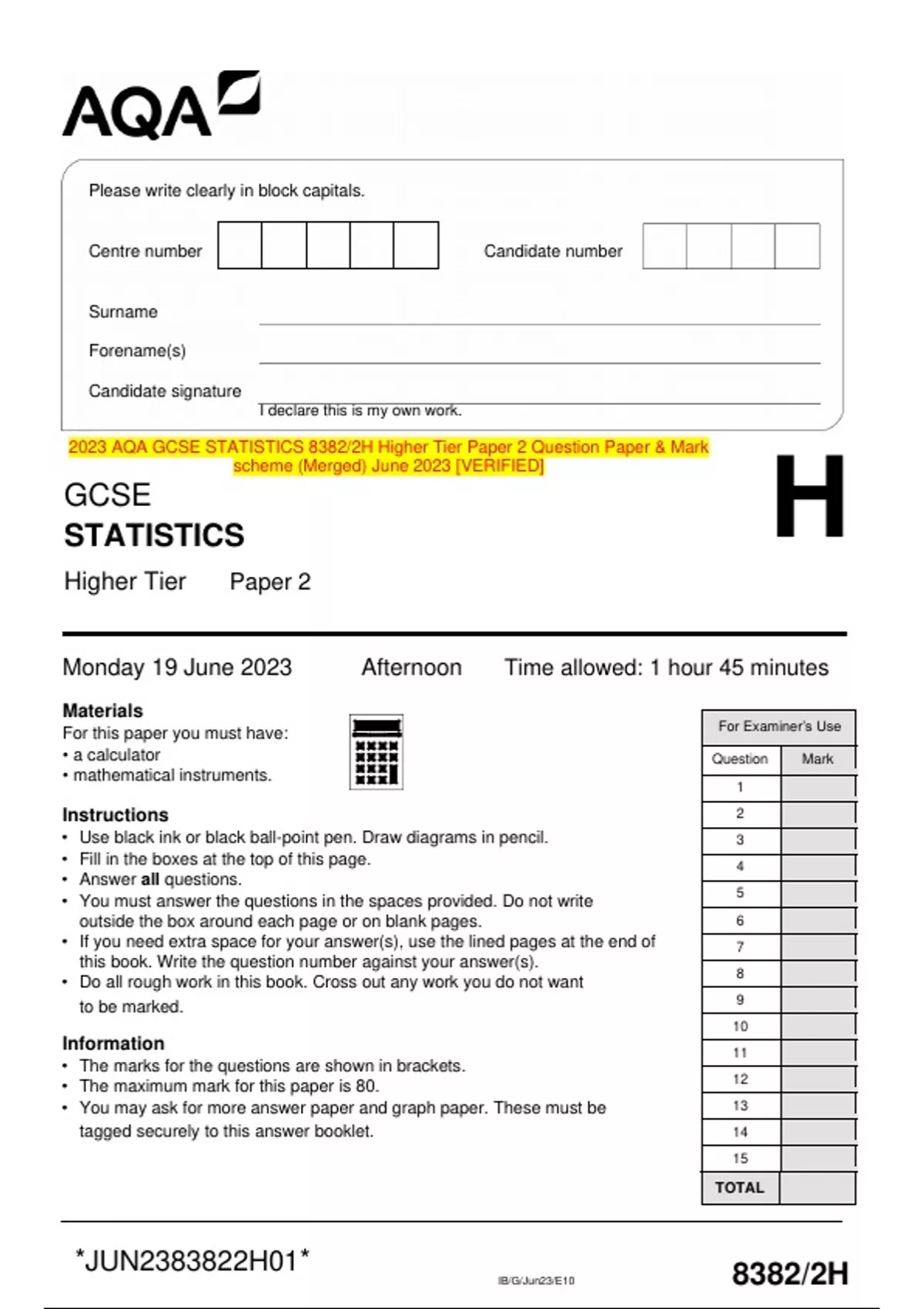 2023 AQA GCSE STATISTICS 8382/2H Higher Tier Paper 2 Question Paper ...