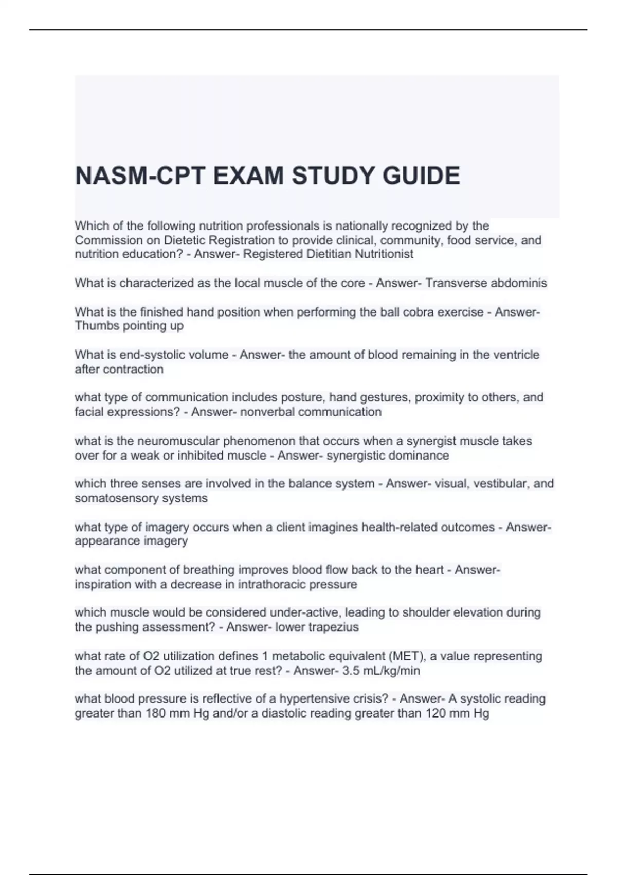 NASM-CPT EXAM STUDY GUIDE 2024 - NASM CPT - Stuvia UK