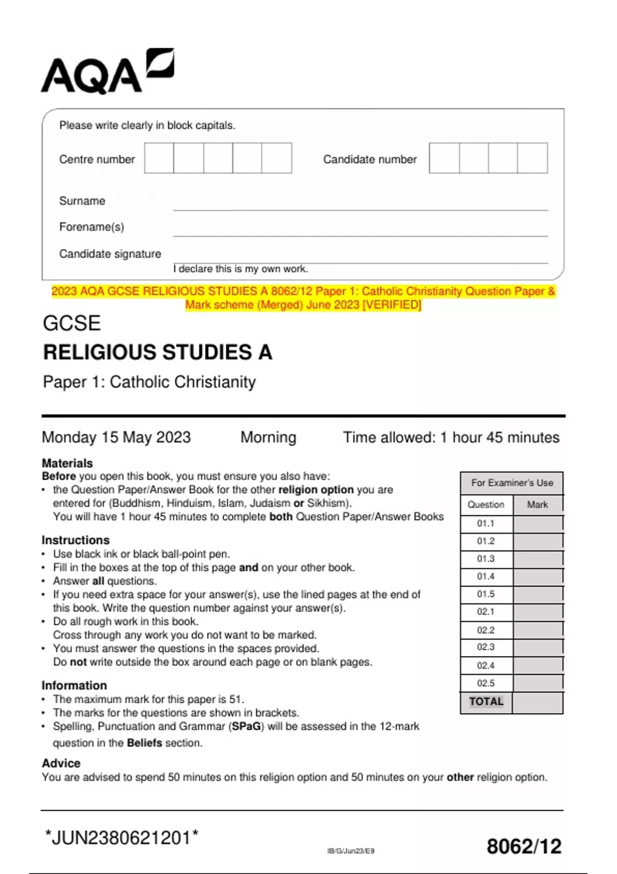 2023 AQA GCSE RELIGIOUS STUDIES A 8062/12 Paper 1: Catholic ...