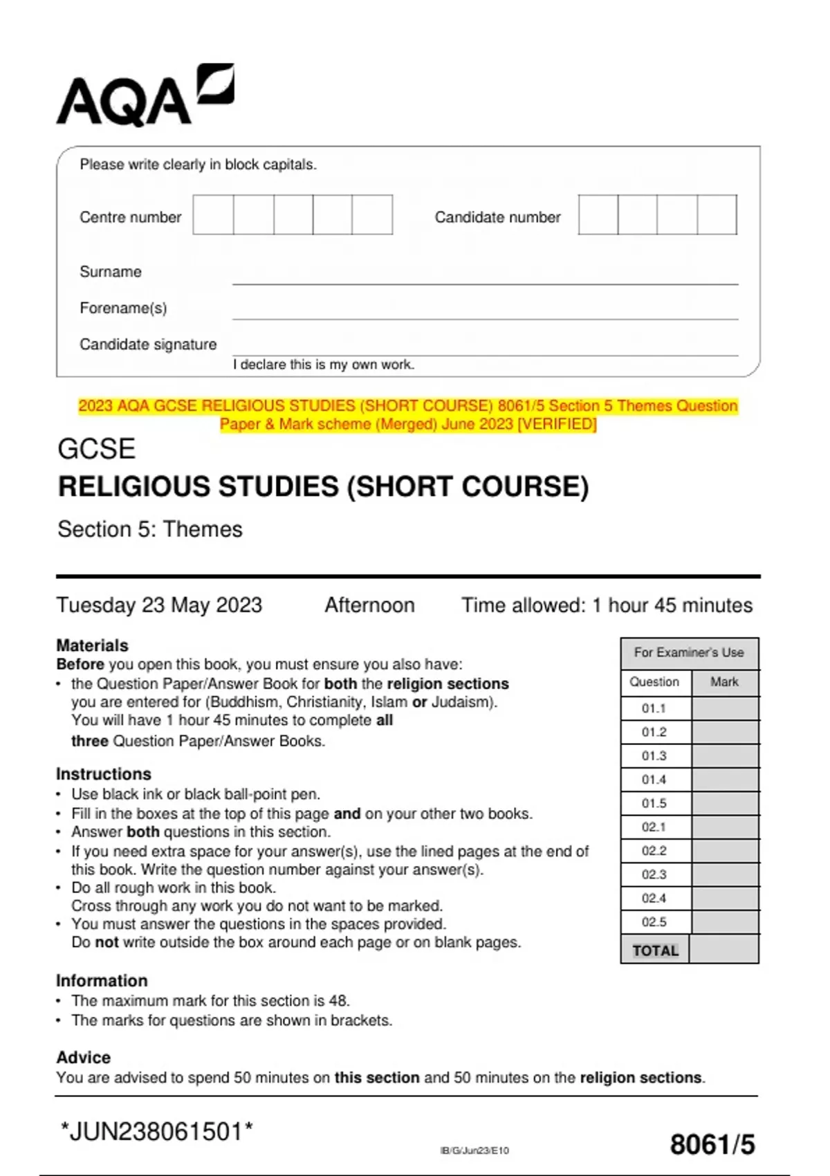 2023 AQA GCSE RELIGIOUS STUDIES (SHORT COURSE) 8061/5 Section 5 Themes ...