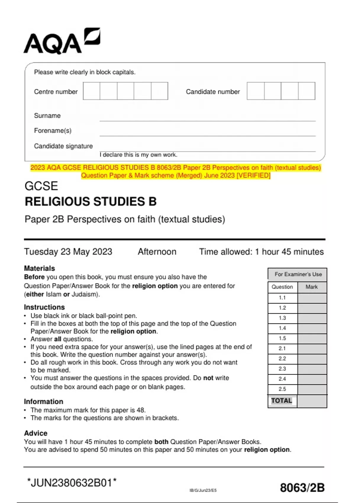 2023 AQA GCSE RELIGIOUS STUDIES B 8063/2B Paper 2B Perspectives on ...