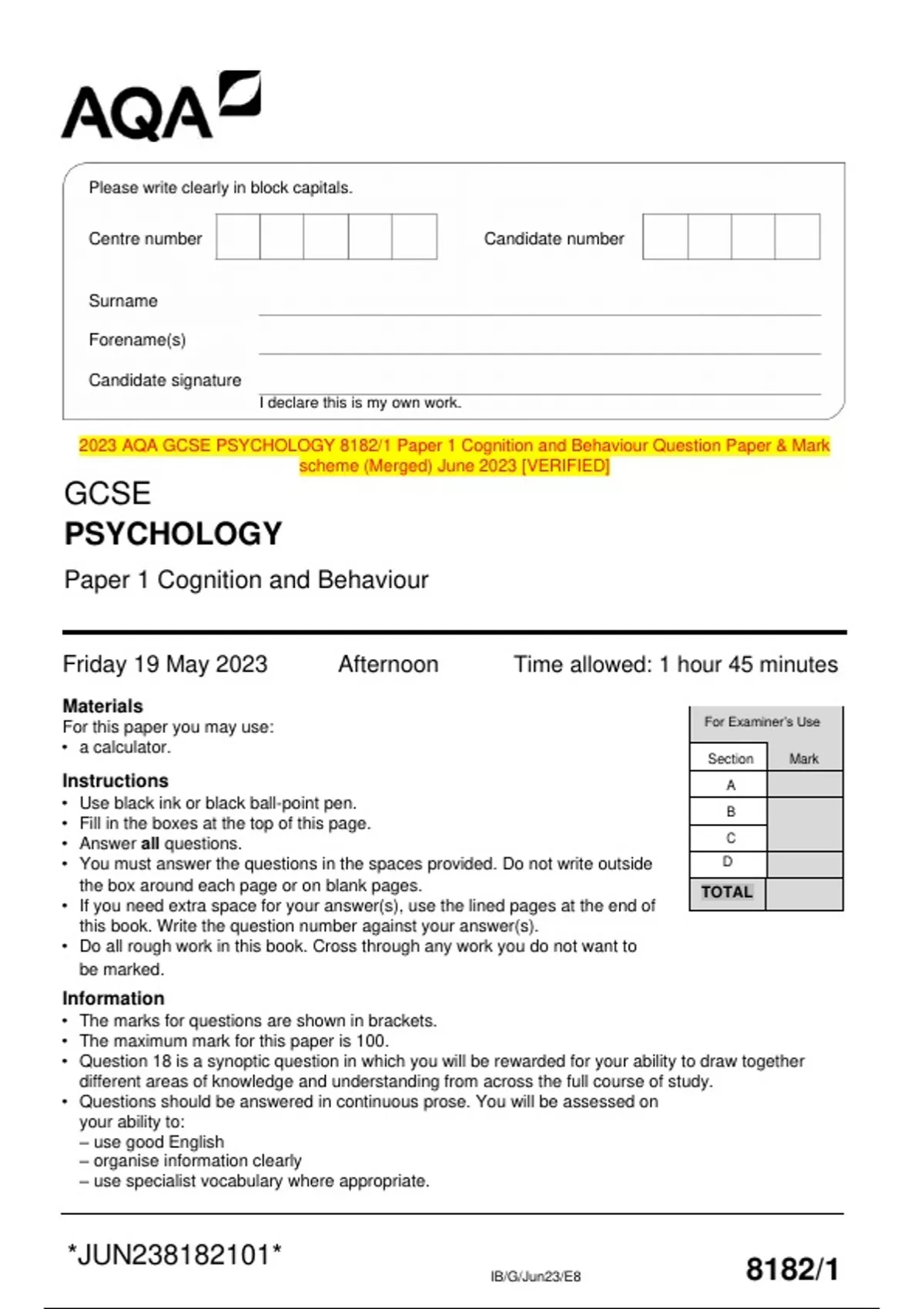 2023 AQA GCSE PSYCHOLOGY 8182/1 Paper 1 Cognition and Behaviour ...