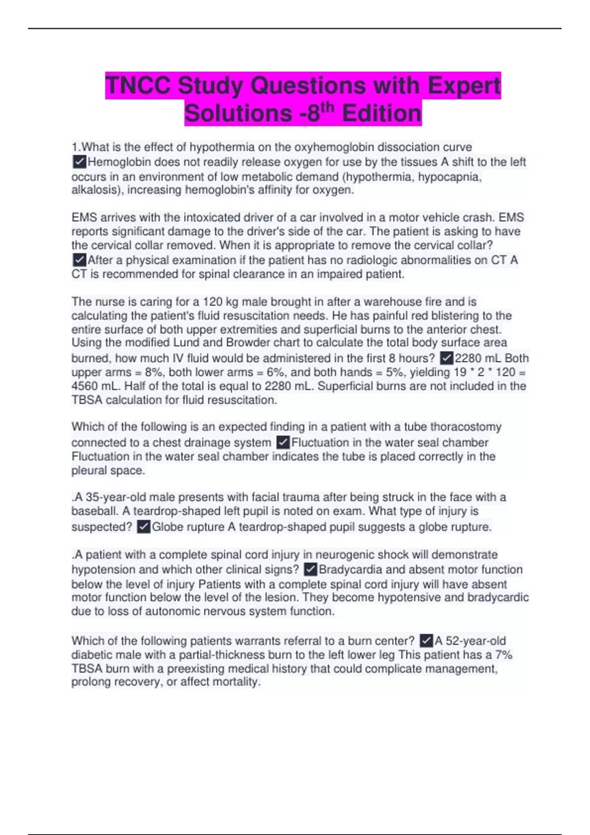 TNCC Study Questions with Expert Solutions -8 th Edition - TNCC-Trauma ...