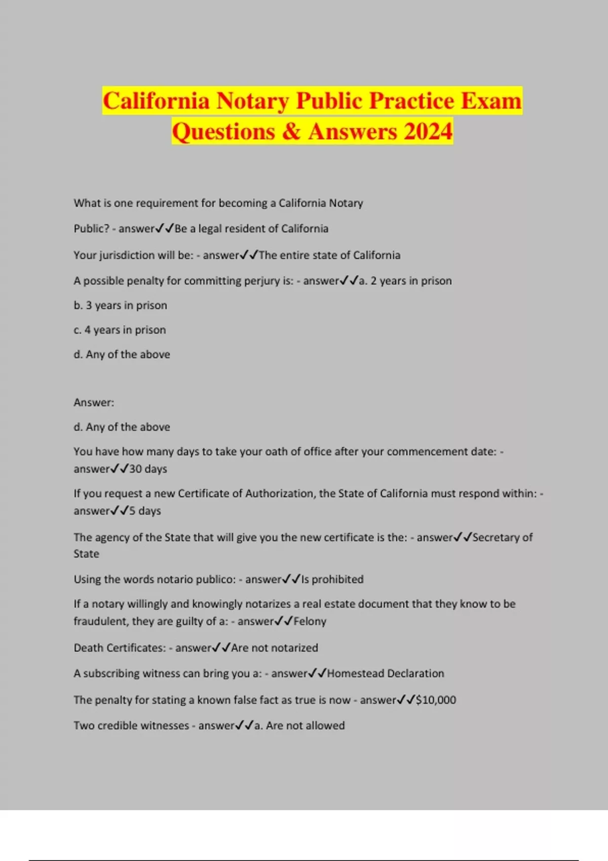 California Notary Public Practice Exam Questions & Answers 2024 ...