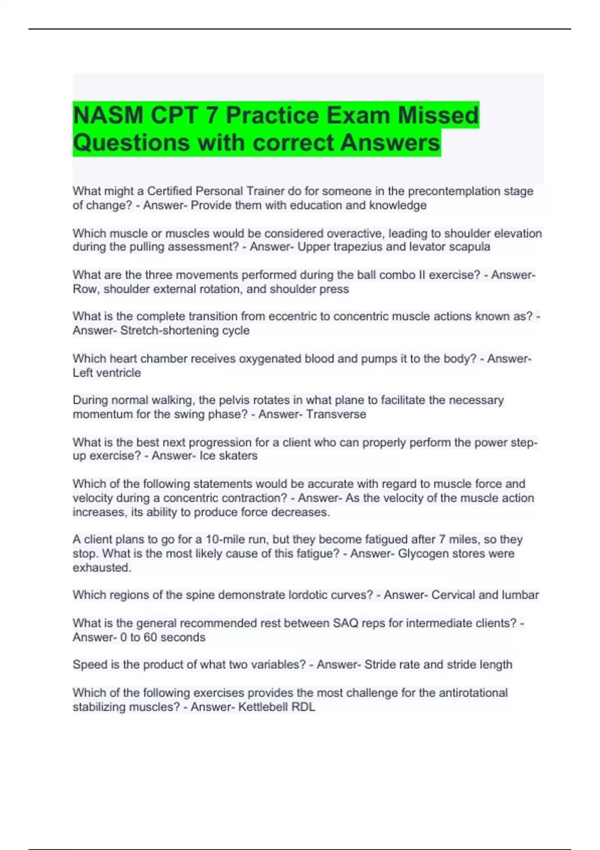 NASM CPT 7 Practice Exam Missed Questions with correct Answers - NASM ...