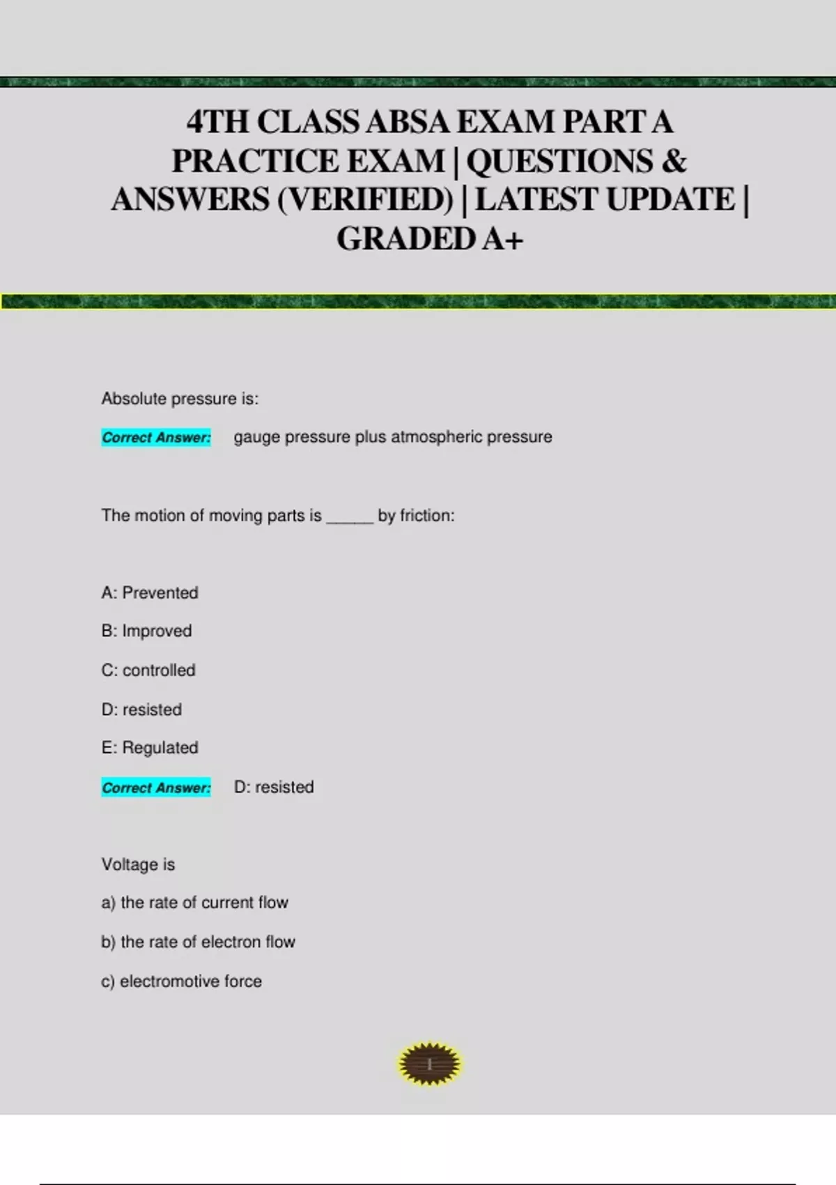 4TH CLASS ABSA EXAM PART A PRACTICE EXAM | QUESTIONS & ANSWERS ...