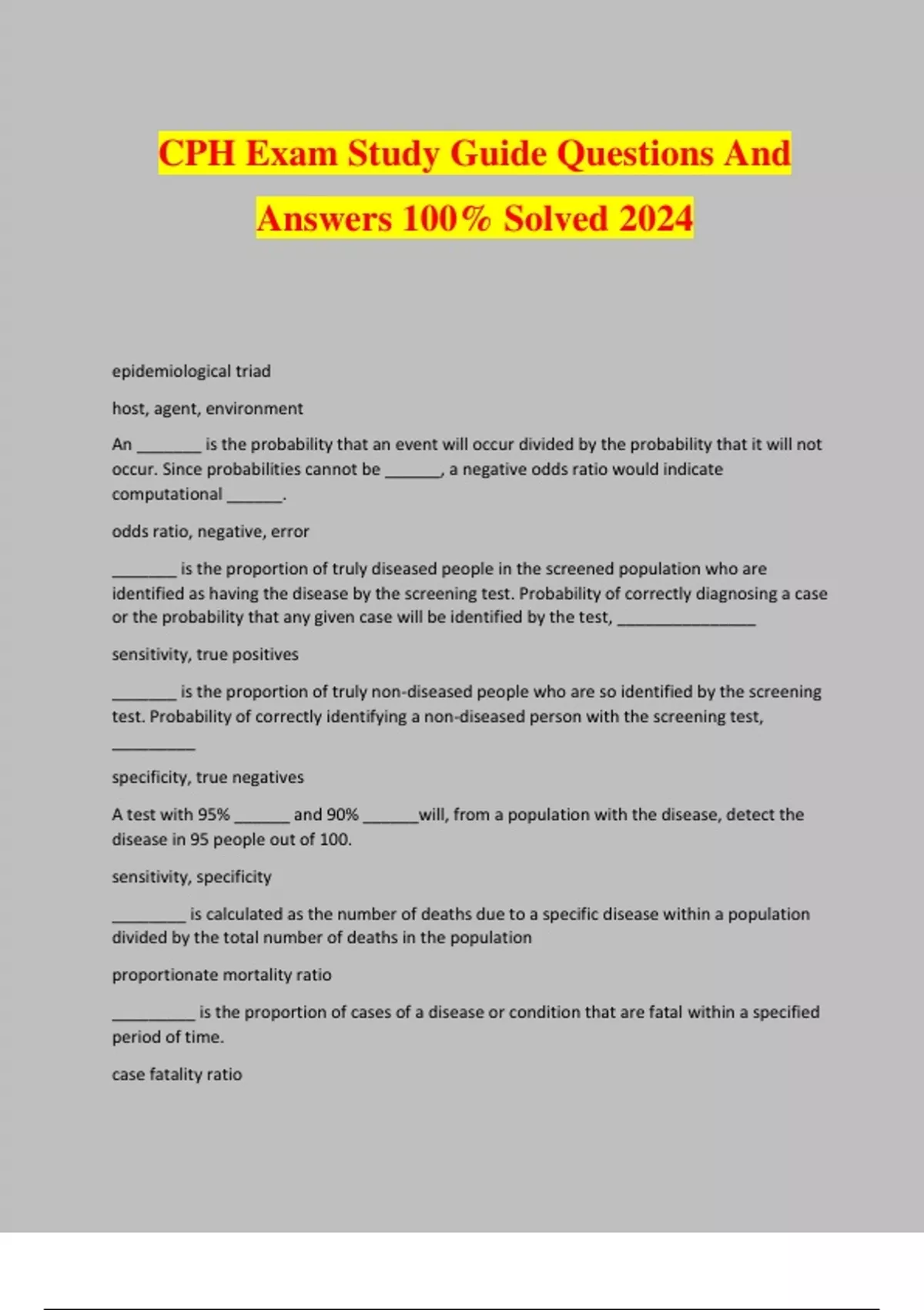 CPH Exam Study Guide Questions And Answers 100% Solved 2024 - CPH - Certified in Public Health ...
