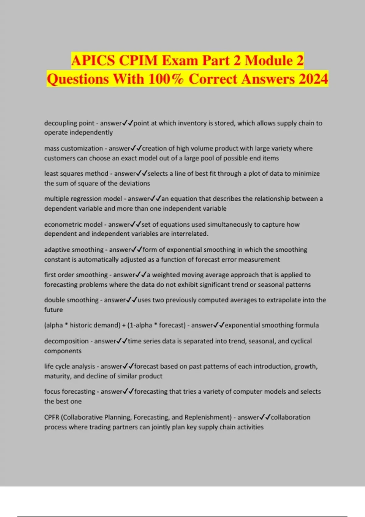 APICS CPIM Exam Part 2 Module 2 Questions With 100% Correct Answers 2024 - CPIM - Certified in ...