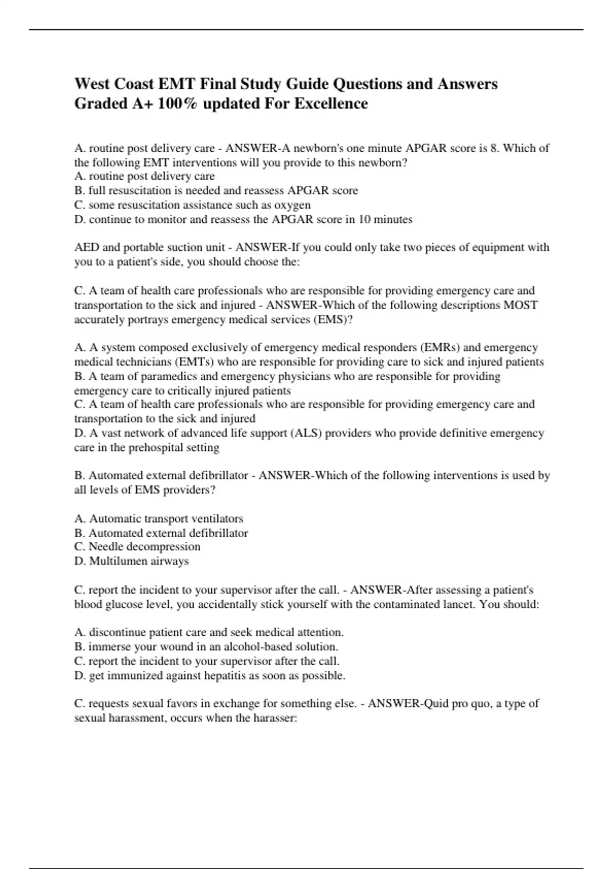 West Coast Emt Final Chapters 1 40 All Covered With Questions And Answers A Graded 100