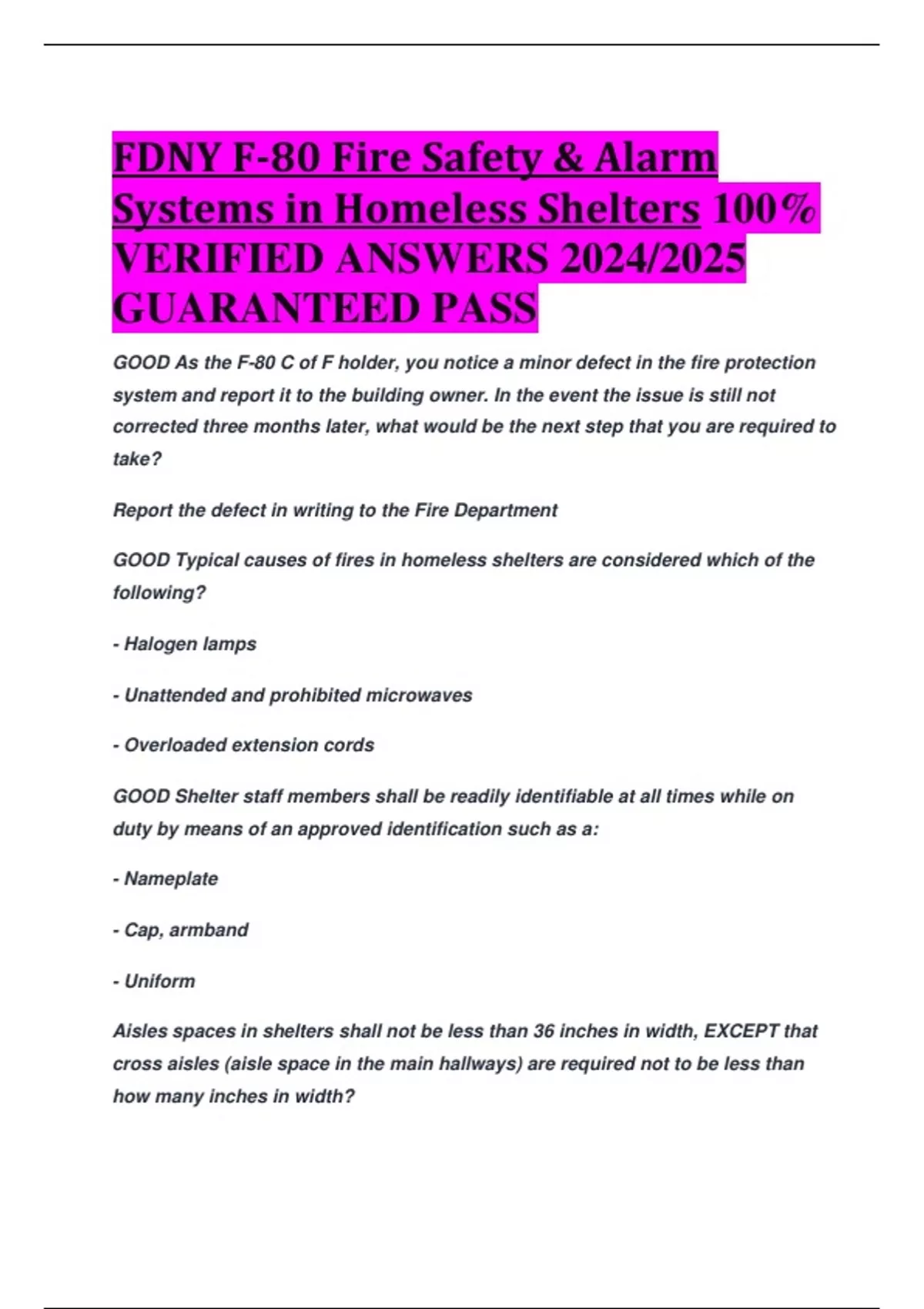 FDNY F-80 Fire Safety & Alarm Systems in Homeless Shelters 100% ...