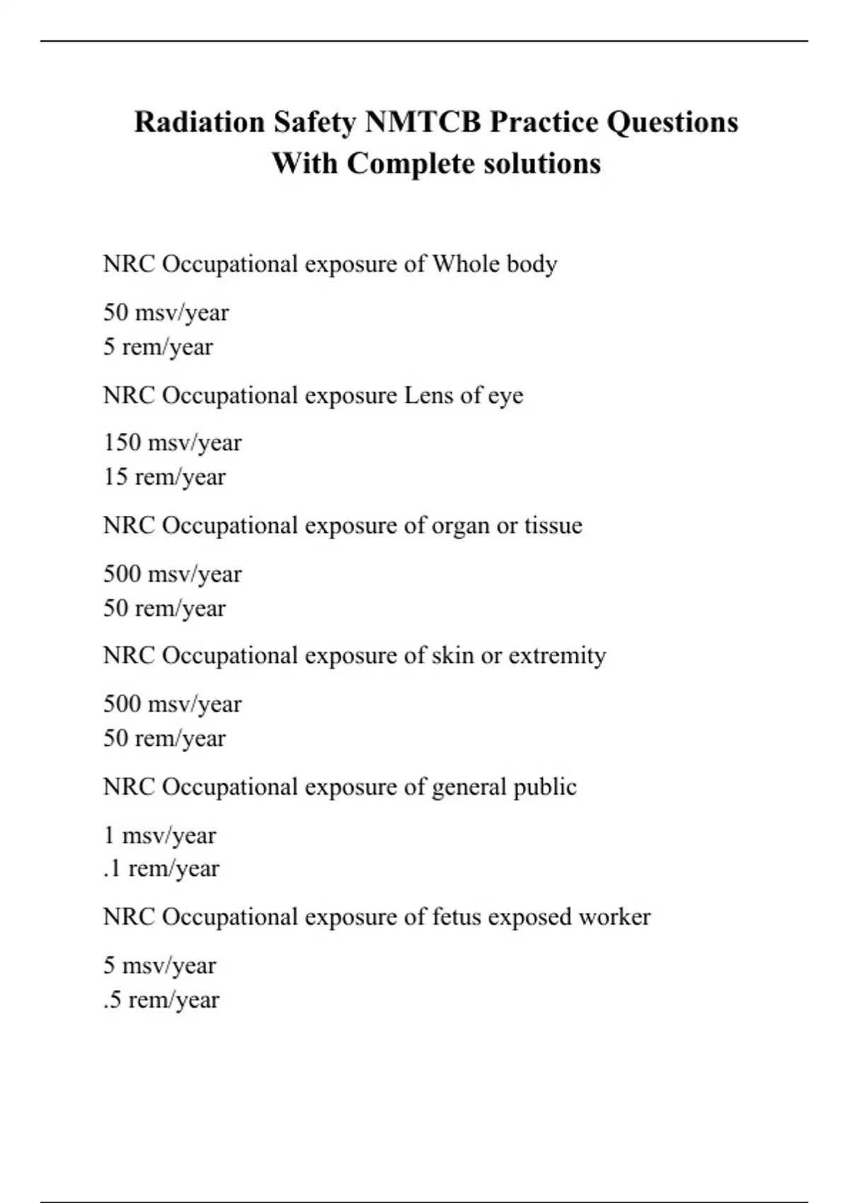 Radiation Safety NMTCB Practice Questions With Complete solutions ...
