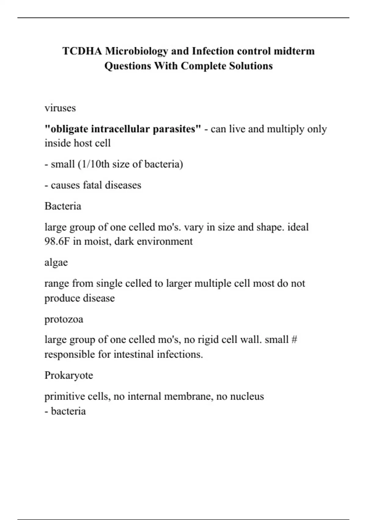 TCDHA Microbiology and Infection control midterm Questions With Complete Solutions - TCDHA ...