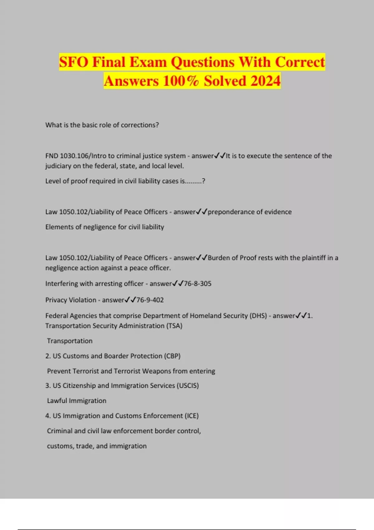 SFO Final Exam Questions With Correct Answers 100% Solved 2024 - Special Function Officer ...