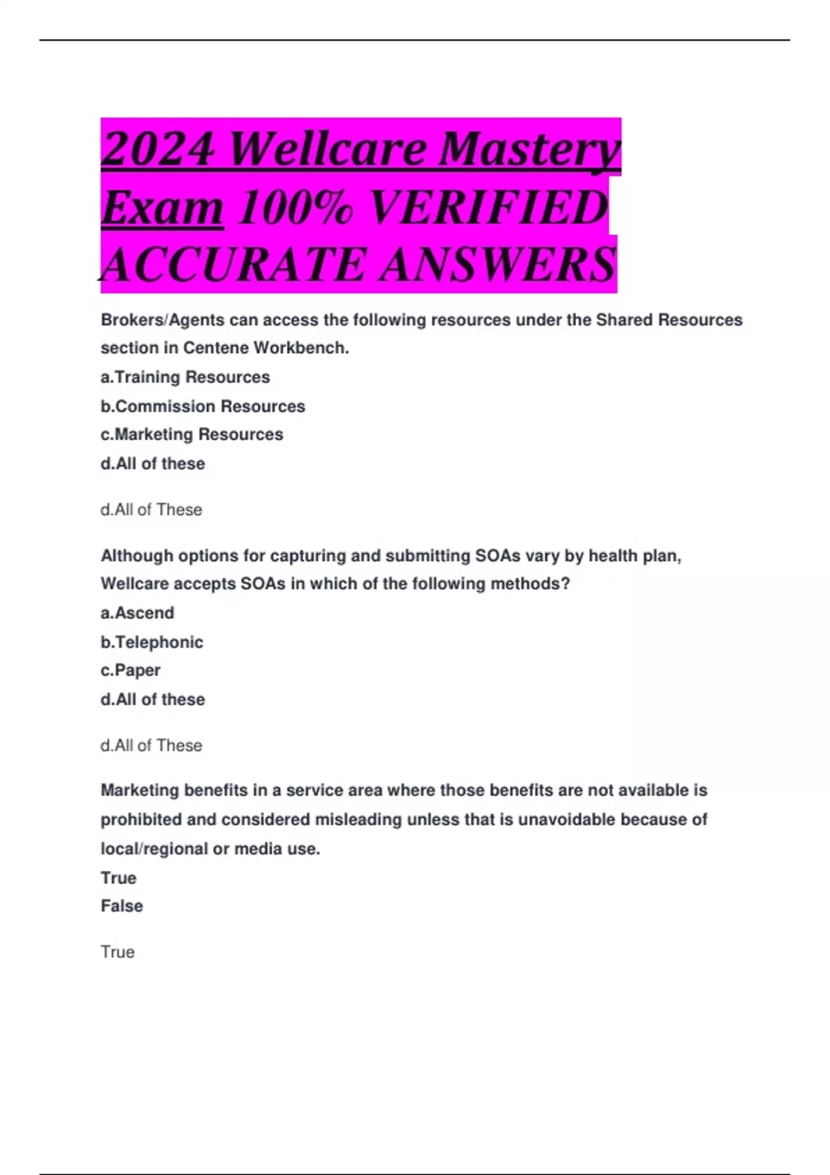 BEST REVIEW 2024 Wellcare Mastery Exam 100% VERIFIED ACCURATE ANSWERS ...