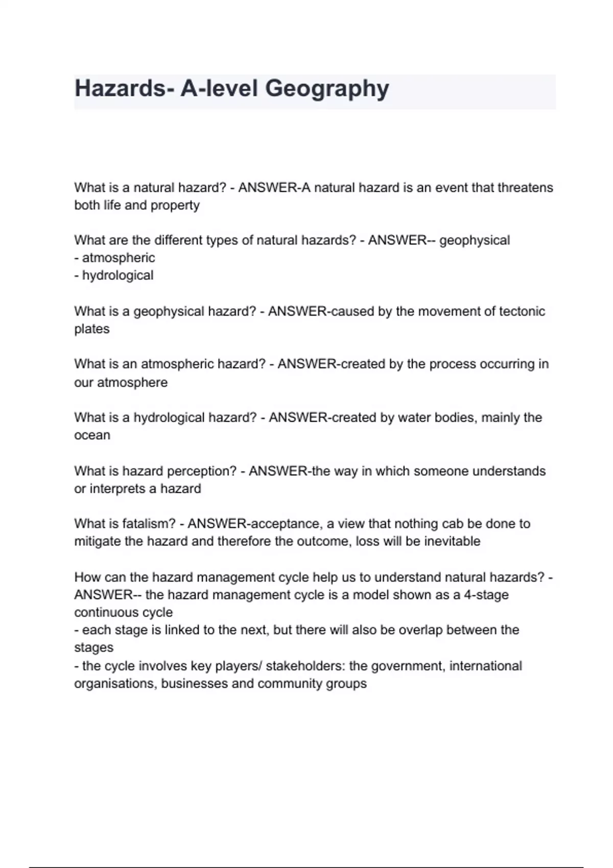 Hazards- A-level Geography questions with complete solution - Hazards ...