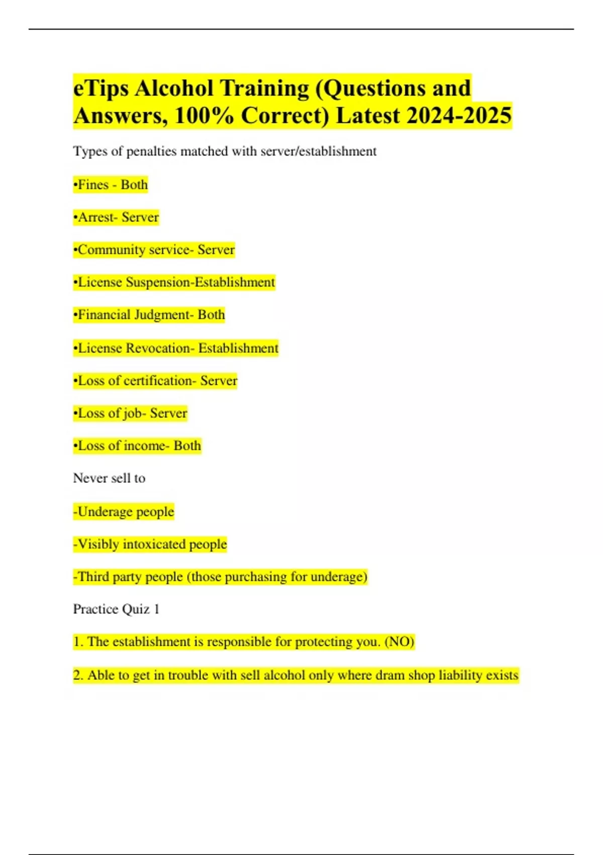 eTips Alcohol Training (Questions and Answers, 100% Correct) Latest ...