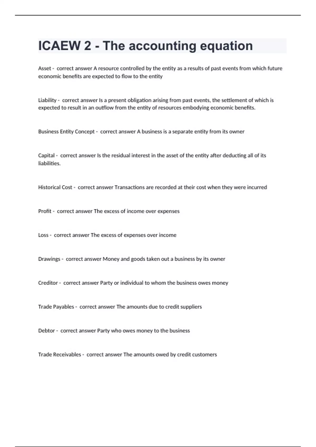 ICAEW 2 - The accounting equation Question and answers 100% correct ...