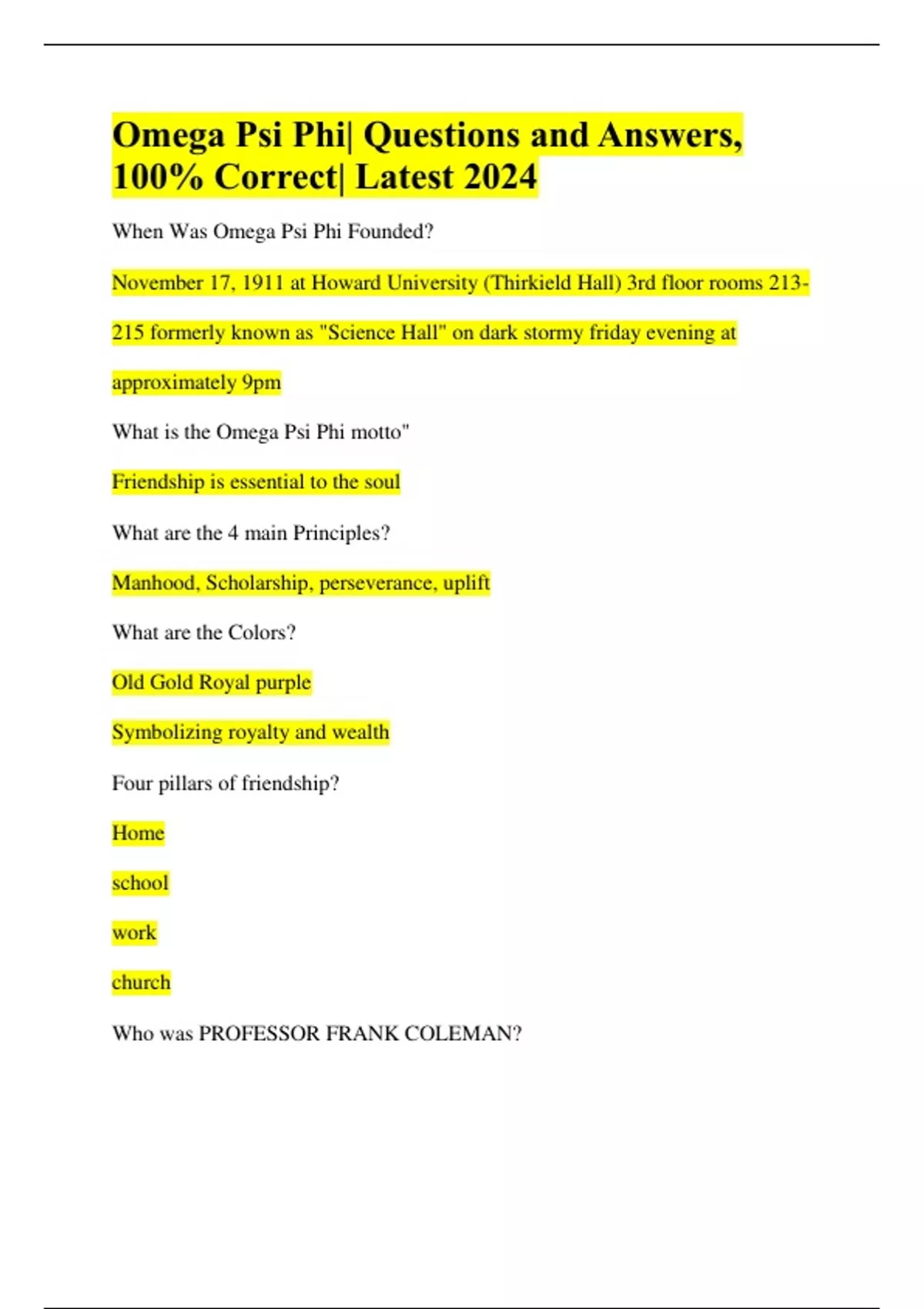 Omega Psi Phi| Questions and Answers, 100% Correct| Latest 2024 - Omega ...